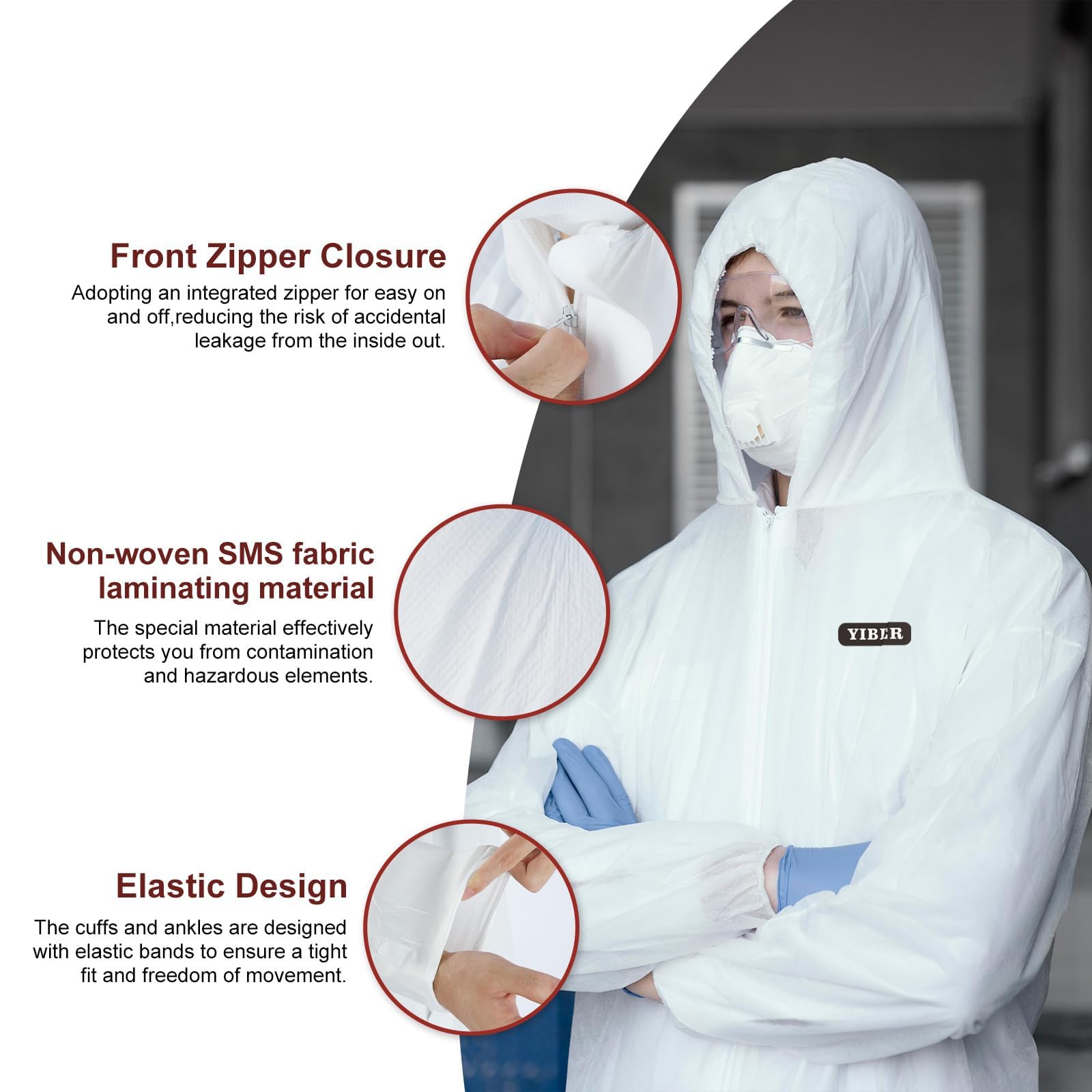 YIBER Hazmat Suits Disposable - Available in 7 sizes and 5 packaging specifications - Disposable Coveralls Suits Pressed From PPSB & PE Film