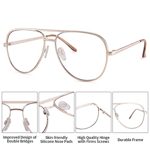 Pro Acme Aviator Classic Non-Prescription Clear Lens Glasses for Women and Men Durable Metal Eyewear Frame (Gold)