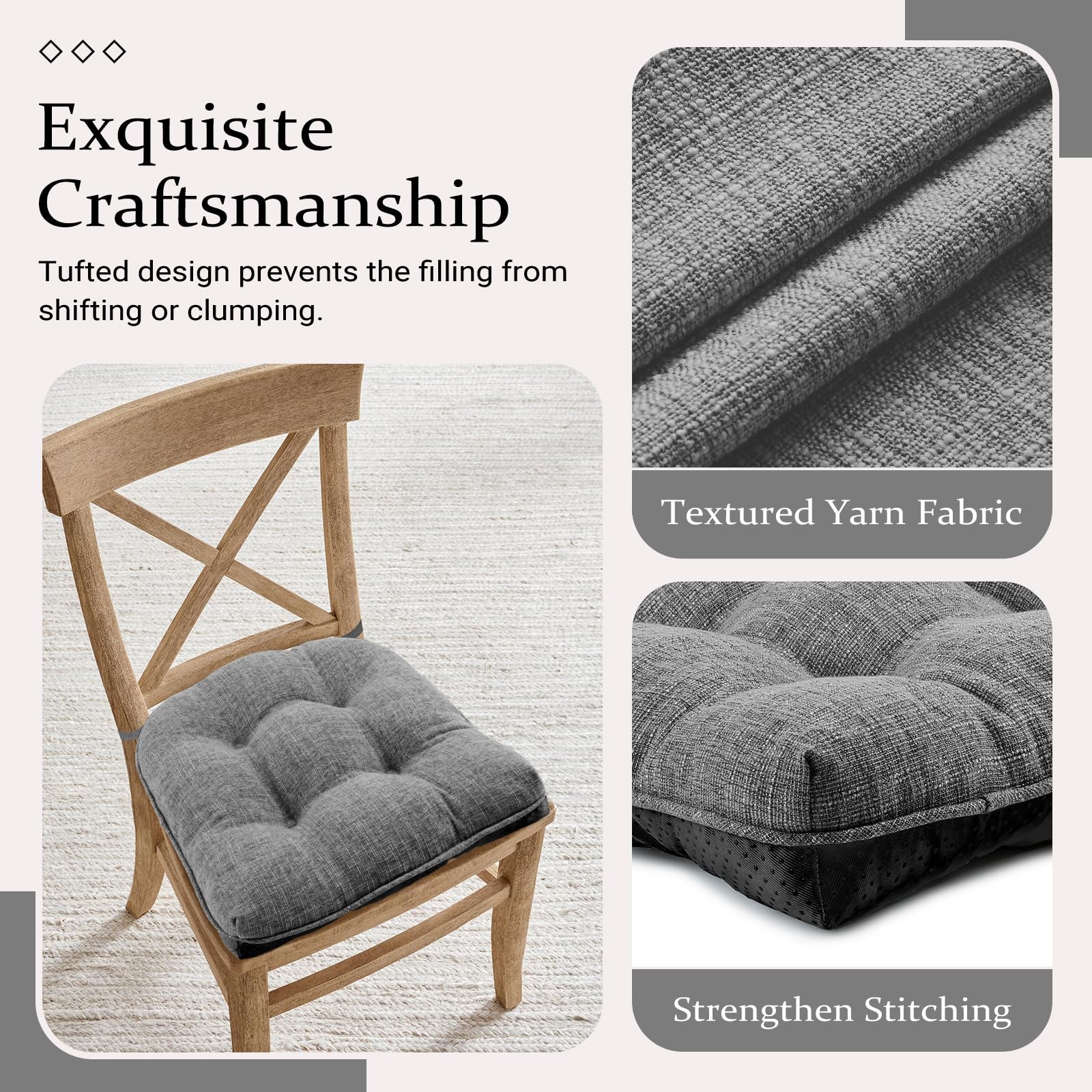 Wellsin Chair Cushions for Dining Chairs 4 Pack, 15.5" X 15.5" Kitchen Chair Cushions with Ties and Non-Slip Backing, Tufted Shredded Memory Foam Kitchen Chair Pads, Dark Gray
