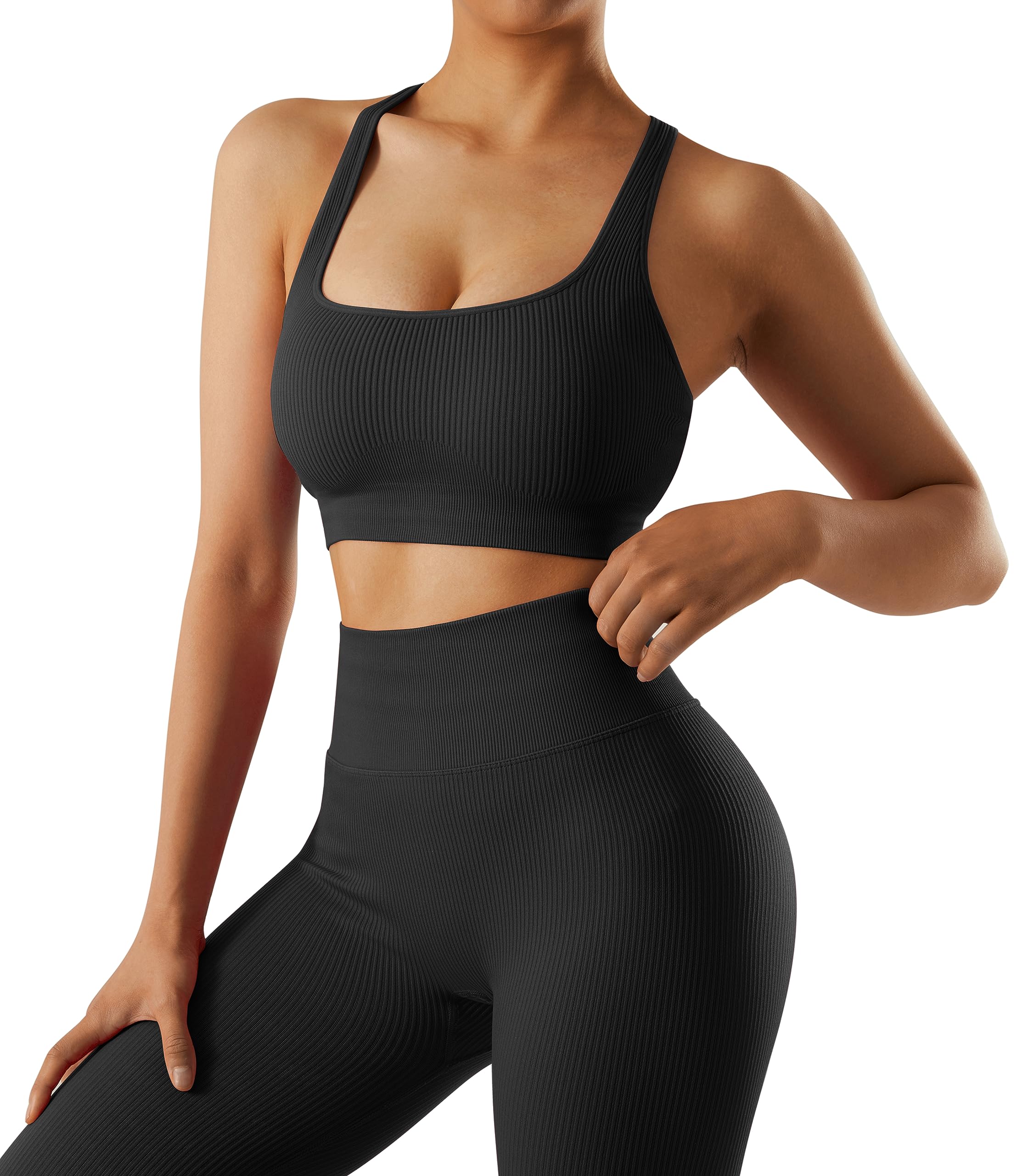 OMKAGI Women Ribbed Workout Sets Seamless Strappy Sport Bra Butt Lifting Leggings Outfits(S,04-Black)