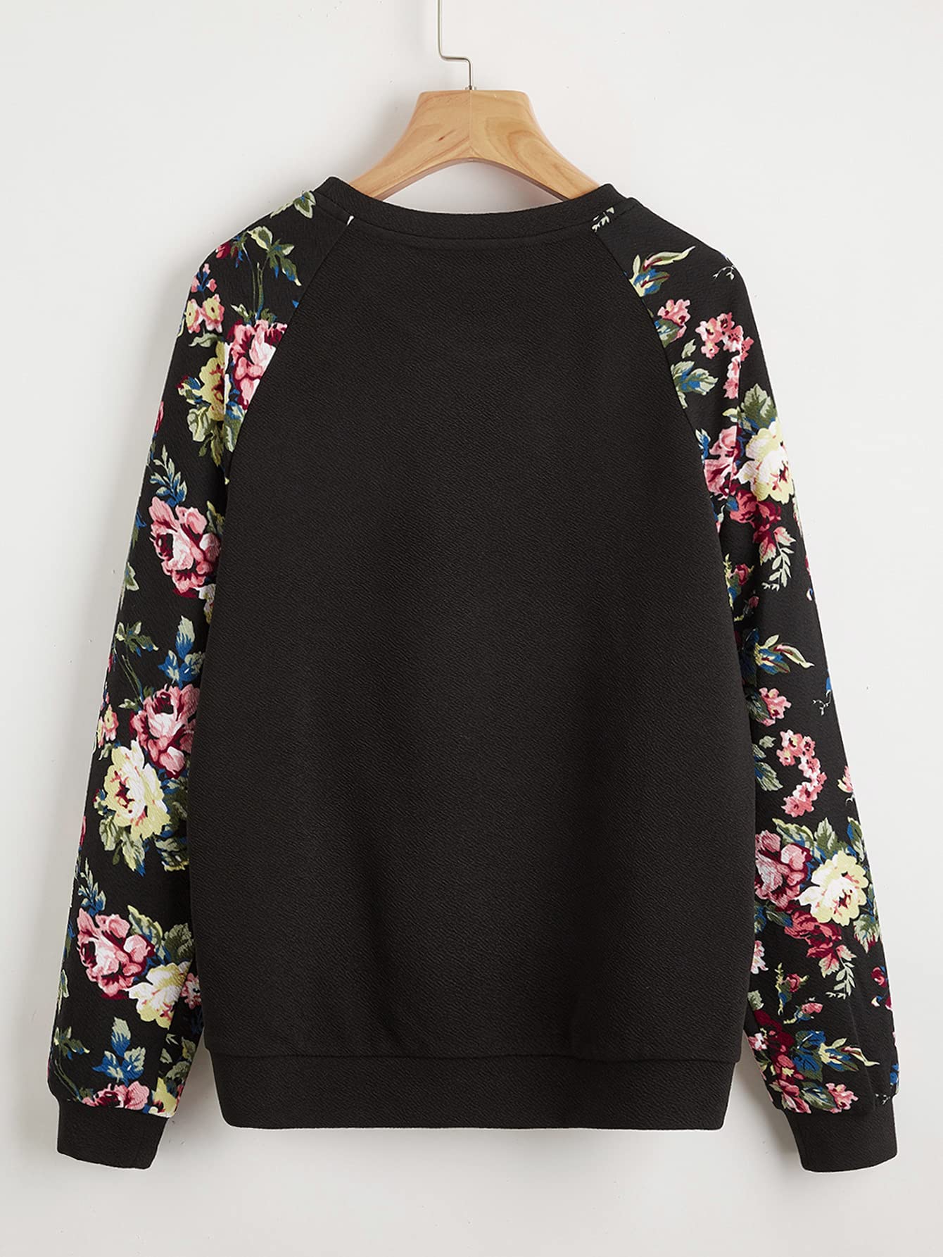 Romwe Women's Plus Size Floral Print Raglan Long Sleeve Pullover Sweatshirts Black 3XL