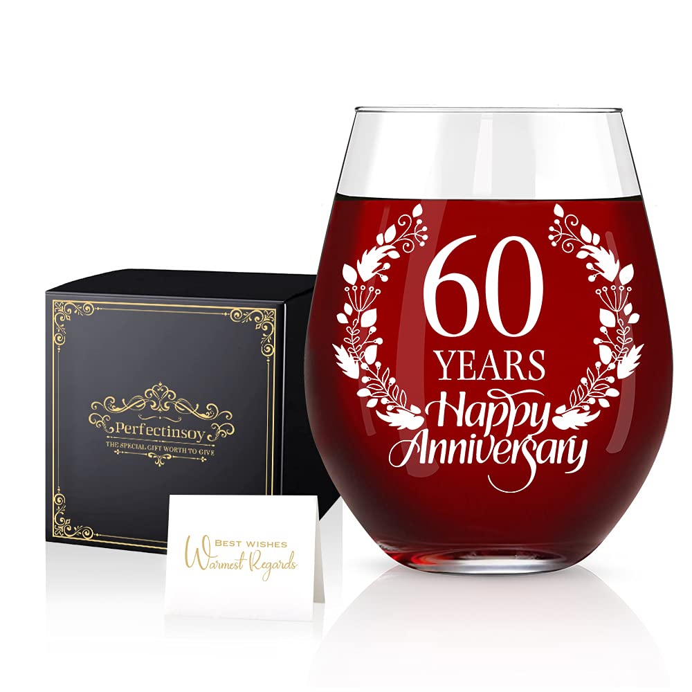 Perfectinsoy 60 Years Happy Anniversary Wine Glass with Gift Box, 60th Anniversary Wedding Gift For Mom, Dad, Wife, Soulmate, Couple, Funny Vintage Unique Personalized, 60 Years Gifts