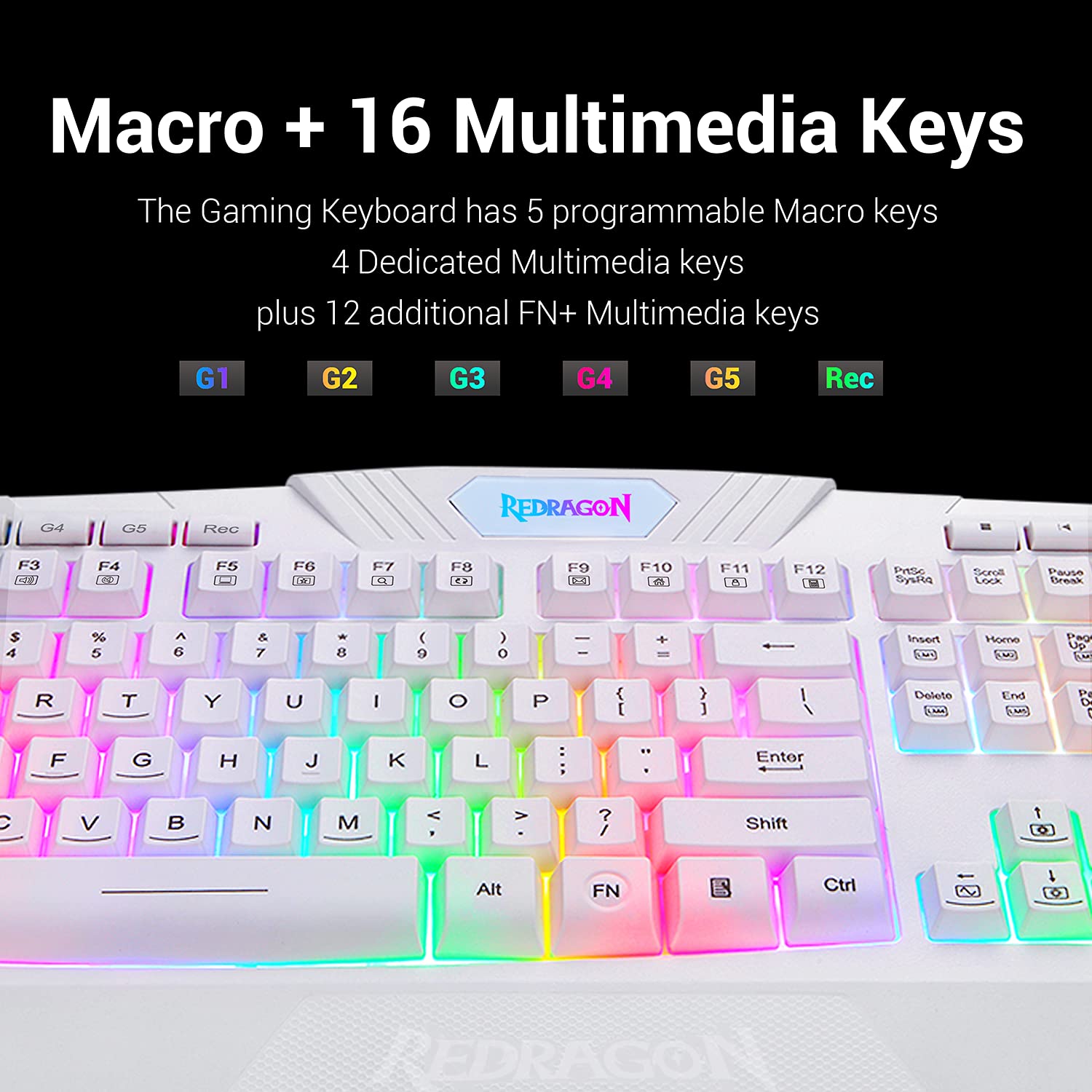Redragon K503 PC Gaming Keyboard, RGB LED Backlit with Macro Recording, Wired, Multimedia Keys, Silent USB Keyboard with Wrist Rest for Windows PC Games (White)
