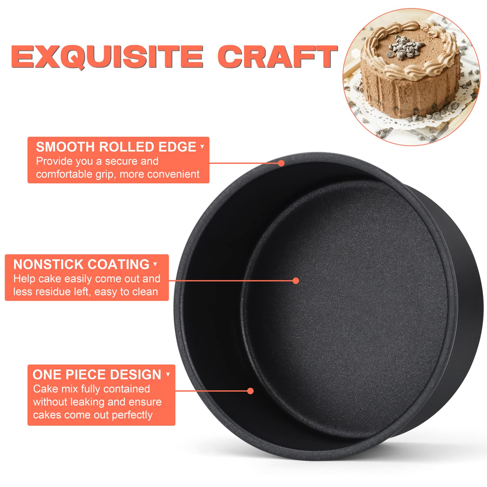 TeamFar Cake Pan, 6’’ x 2.75’’ Coated Birthday Wedding Cake Pan Round Baking Pans, with Stainless Steel Core & Non-stick Coating, Toxic Free, Oven Safe & Anti-melt, Deep Straight Side – Set of 2