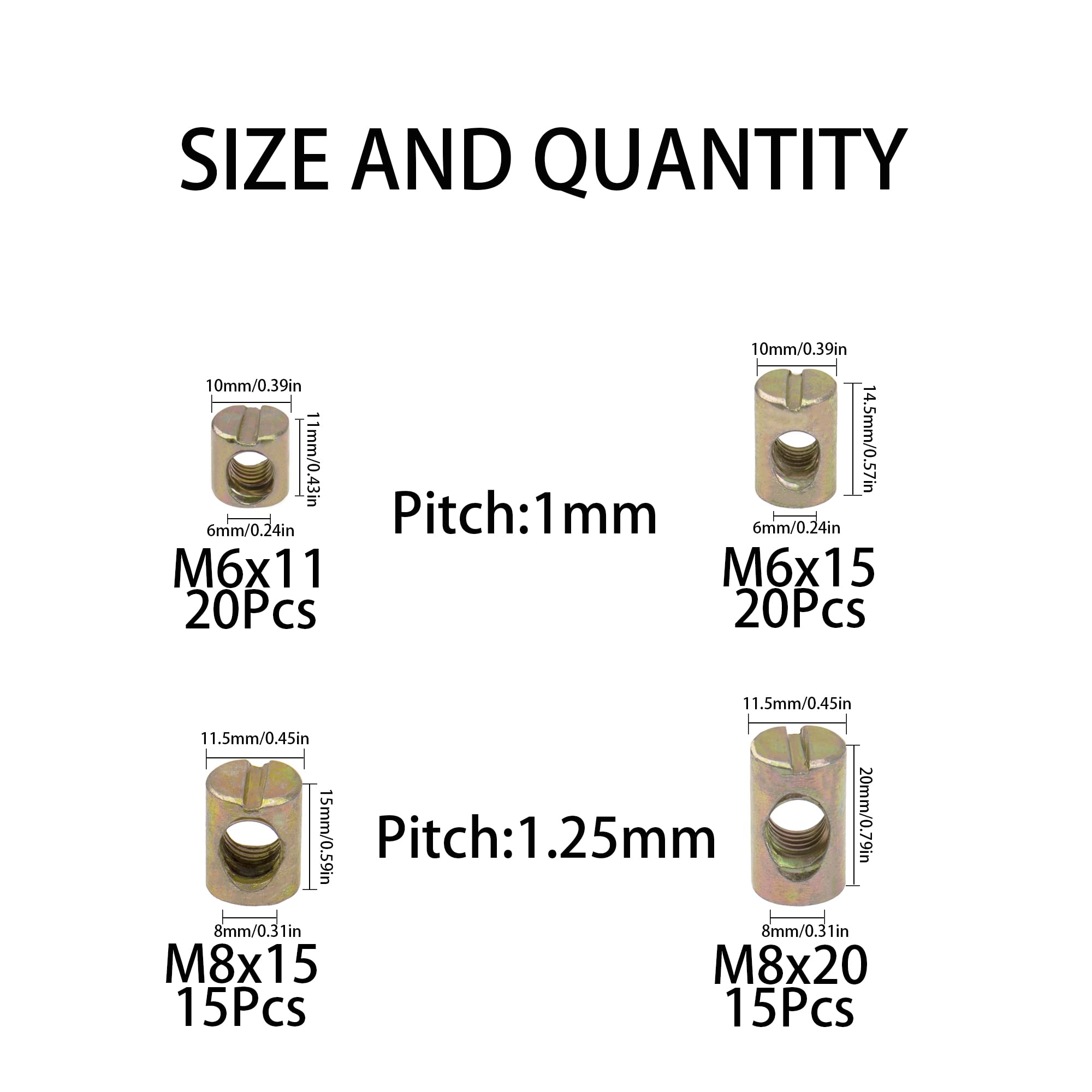 Rrina 70Pcs Metric M6 M8 Barrel Cross Dowel Slotted Nuts for Furniture Beds Chairs 4 Sizes