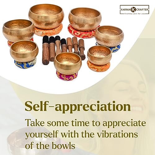 Tibetan Singing Bowl set From 7 Planets, Hand Hammered Design | Meditation Sound Bowl, 7 Chakra bowl, Mallet & Cushion set for Yoga (7 Chakra Set)