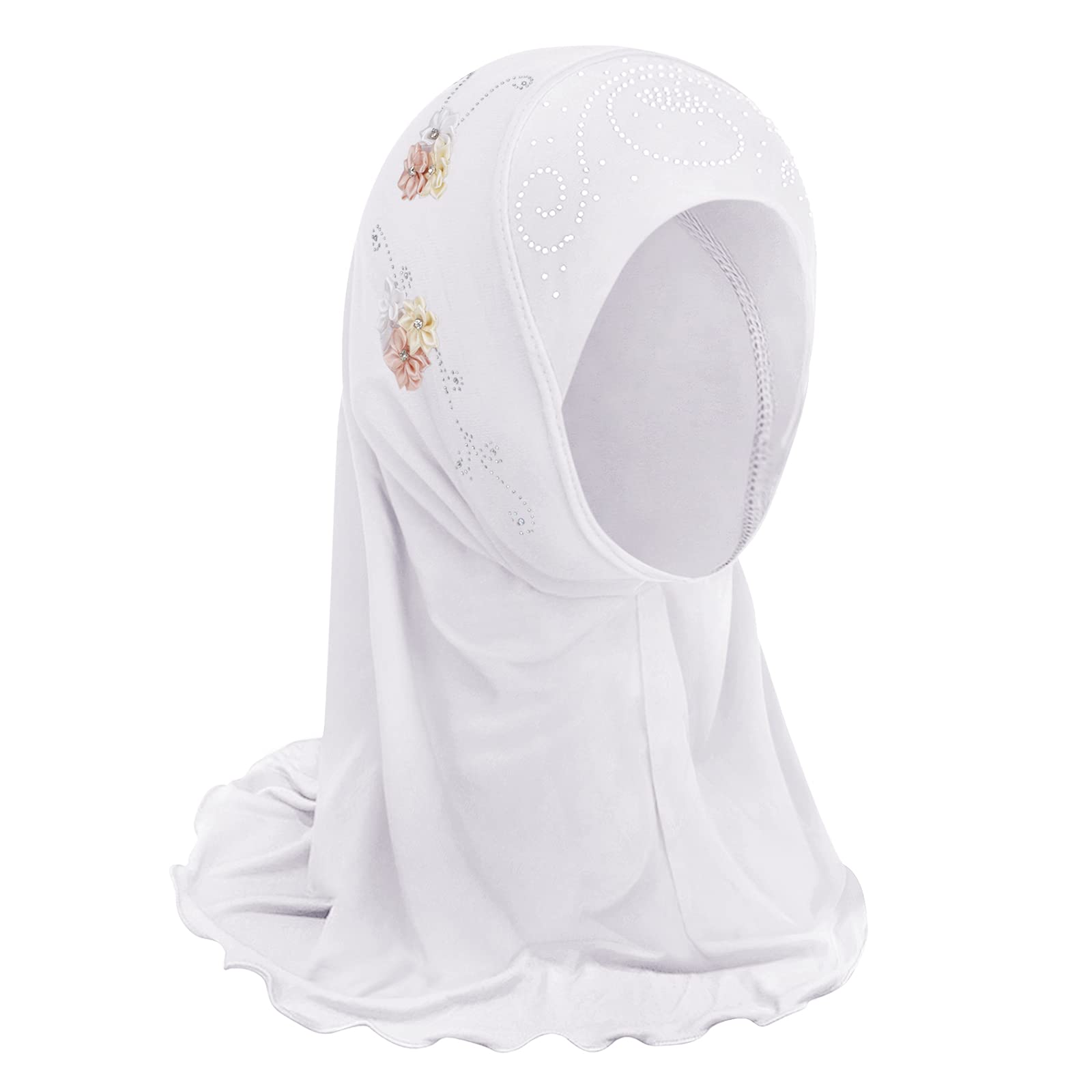 NICEYST Girls Ice Silk Muslim Khimar Hijab Headscarf Flower Arab Scarf Shawls Neck Wrap Islamic Head Wrap for Age 2-7 Years Girls, White