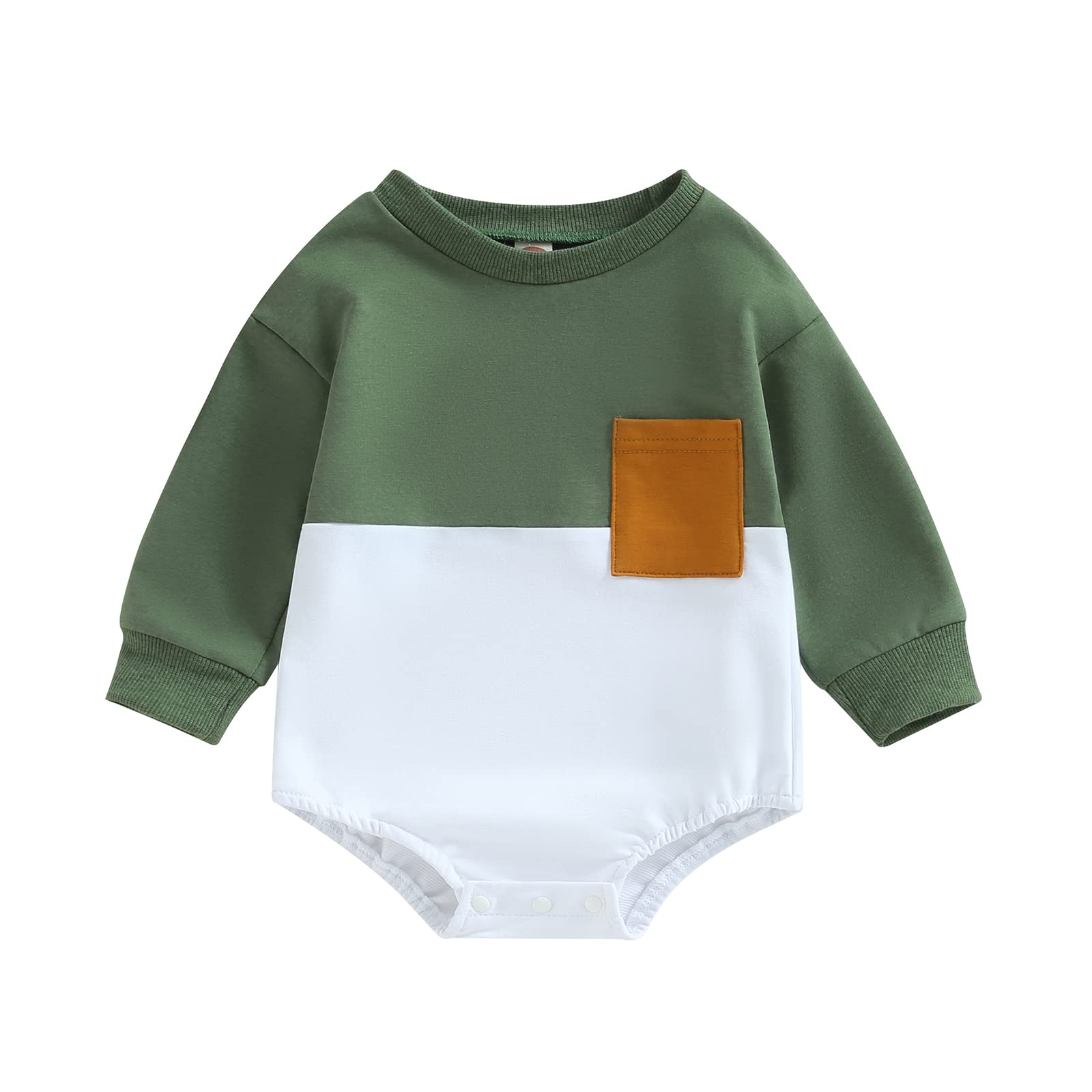 mlpeerw Newborn Boy Romper Outfit Long Sleeve Color Block Oversized Sweatshirt Fall Winter Infant Baby Bubble Onesie Clothes(Green, 6-12 Months)