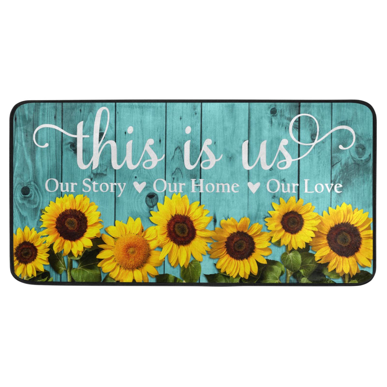 Teal Turquoise Green Wooden Sunflowers Kitchen Rugs Non Slip This is us Our Story Our Home Our Love Kitchen Mats Doormat Bathroom Runner Area Rug for Kitchen Decor, Washable, 39 x 20 Inch