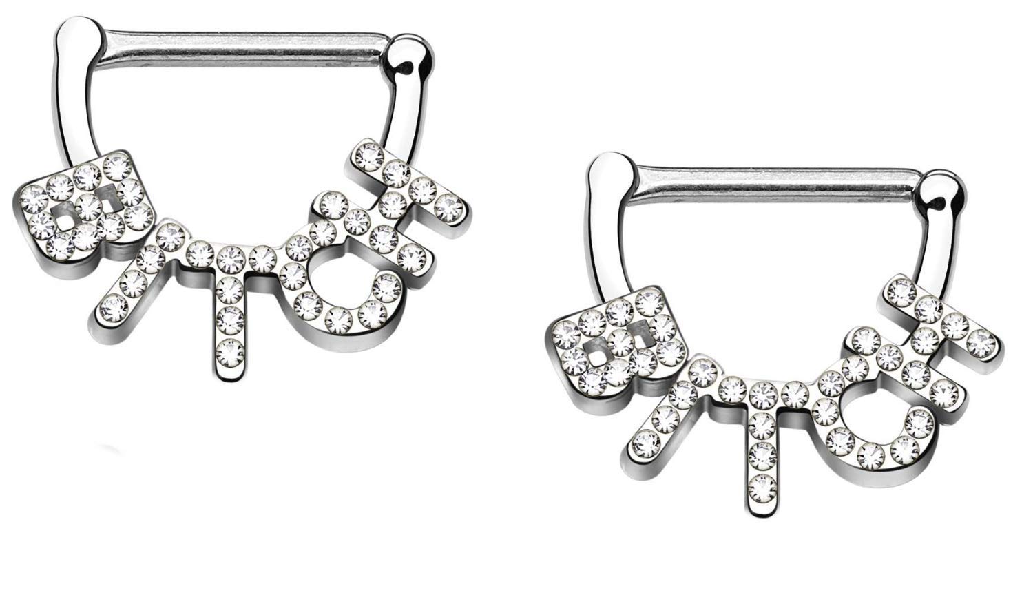 Nipple Ring Bite Me or Twist Pull or Suck IT Nipplerings Pair 14g Sexy Twist Pull (Btch Clicker silvertone)