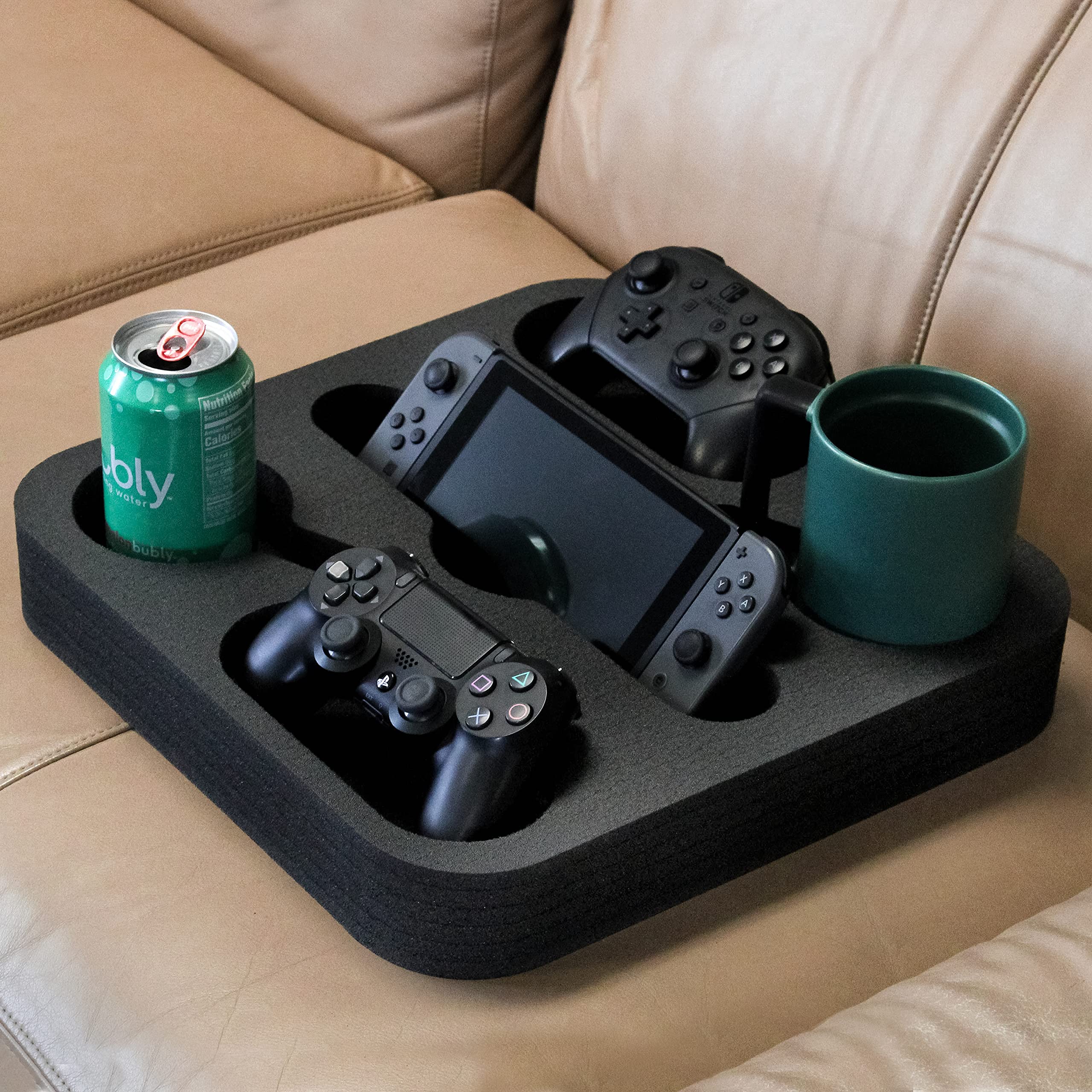 Polar Whale Couch Drink Holder Refreshment Tray for Sofa Bed Floor Car RV Lounge TV Room Durable Black Foam 5 Compartments with 2 Game Controller Slots 13.75 Inches Wide