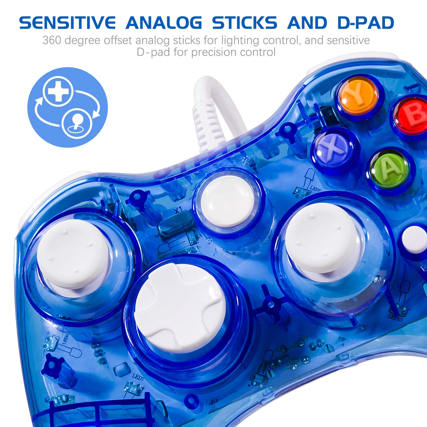 PRO GAMING 6 FT. LONG Wired Controller for Xbox 360,Xbox 360 Controller USB Gamepad PC Wired Joypad for Microsoft Xbox 360/Xbox 360 Slim/Windows 7 8 10 Game - GLOW BLUE
