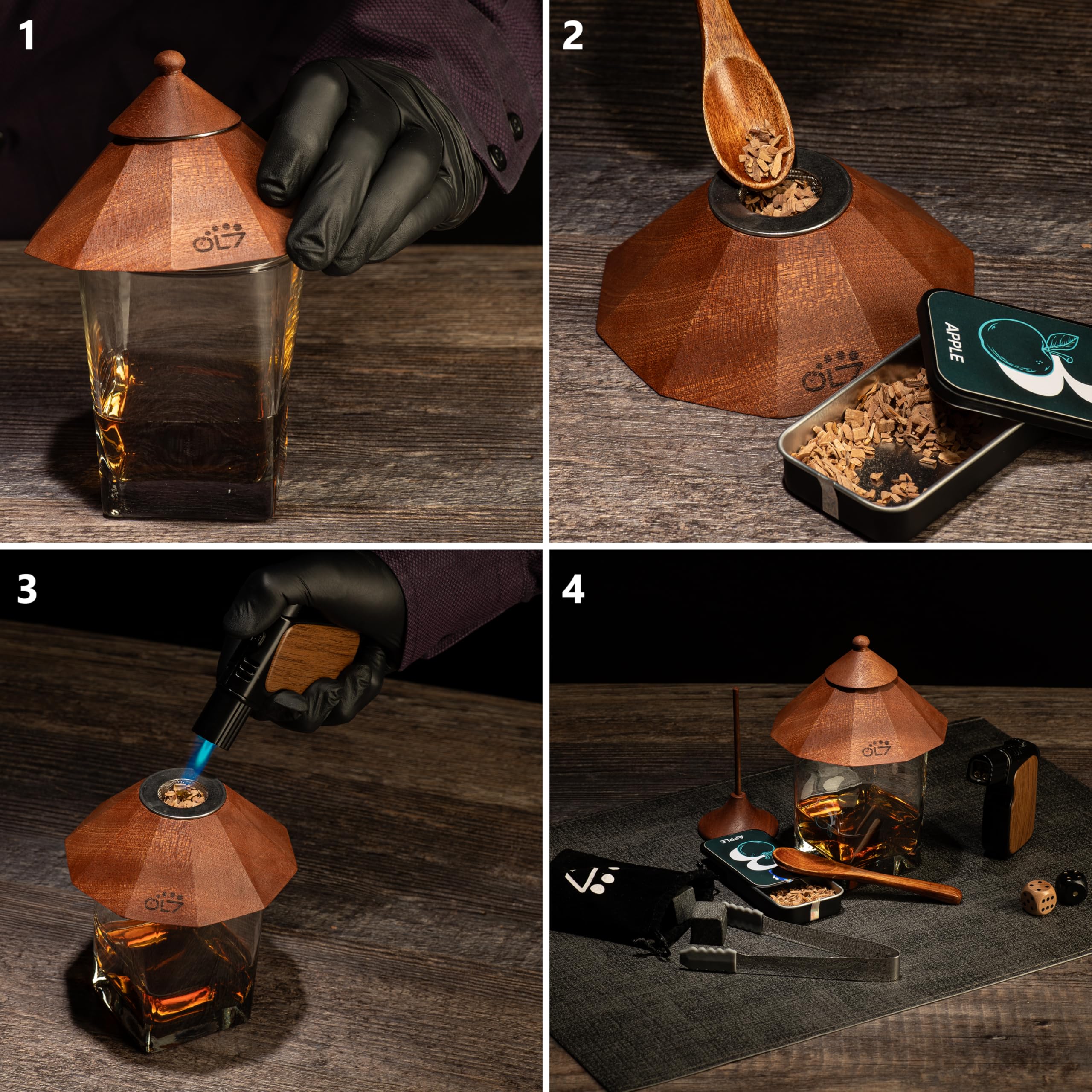 OL7 Cocktail Smoker Kit with Torch - 4 Flavors Wood Chips - Bourbon, Whiskey Smoking Infuser Kit, Old Fashioned Drink Smoker Set,Gift Men (No Butane)