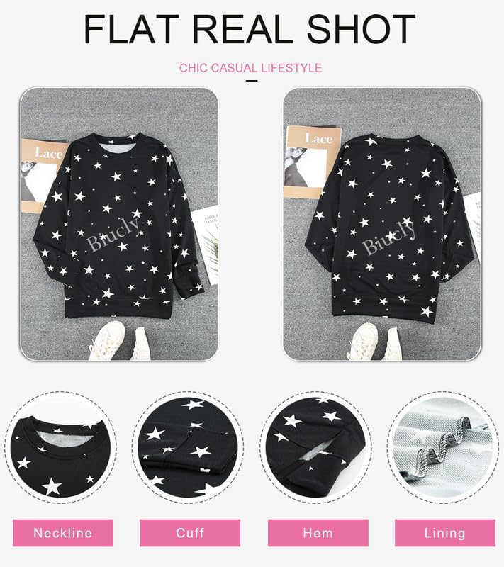 SHEWIN Womens Casual Fashion Crewneck Sweatshirt Loose Star Printed Long Sleeve Tee Shirts Lightweight Soft Oversized Sweatshirts Pullover Tops Shirt,US 12-14(L),Black