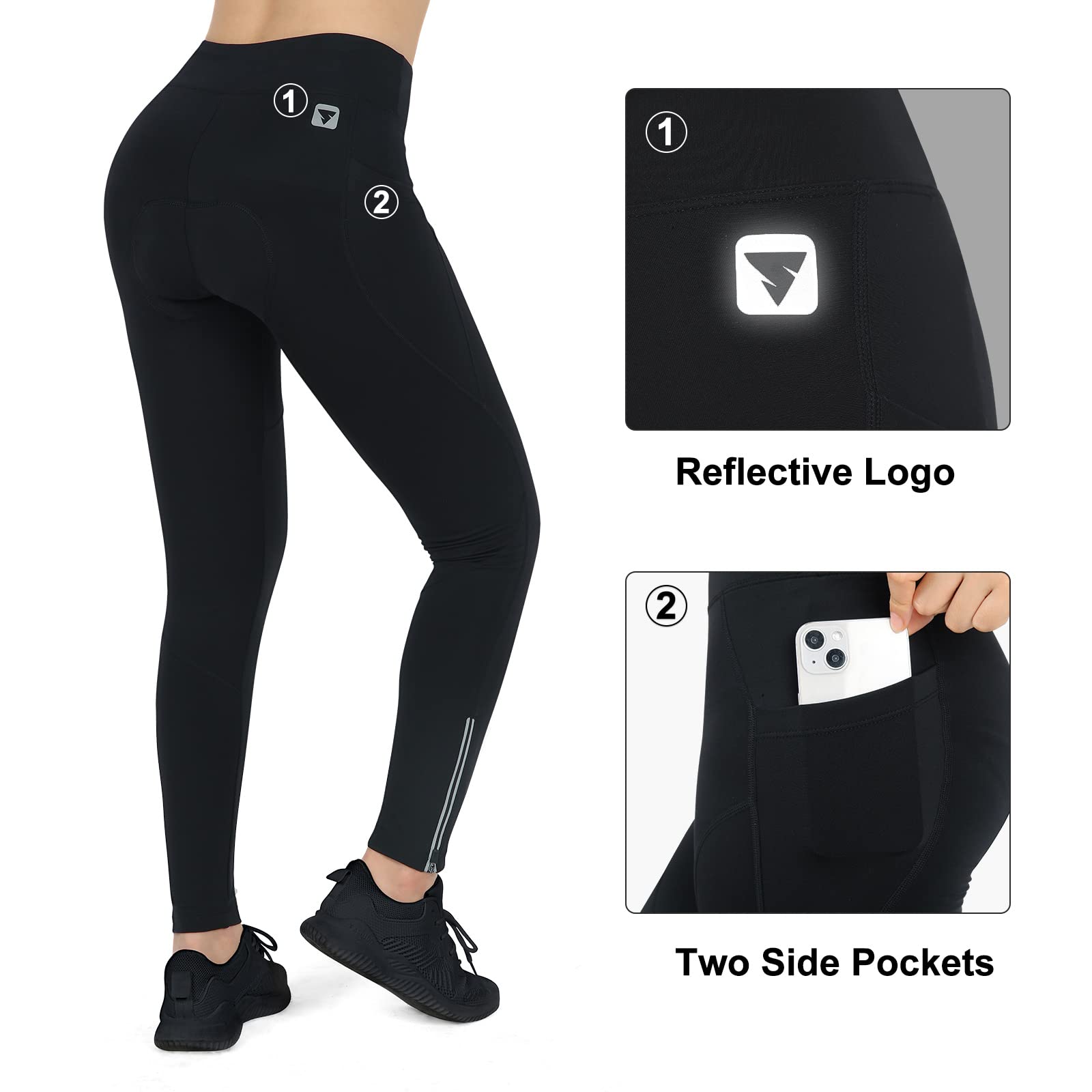 Women's Thermal Fleece Cycling Pants Padded Cold Weather Compression Bike Tights Winter Long Bicycle Pants with Pockets(BlackL,L)