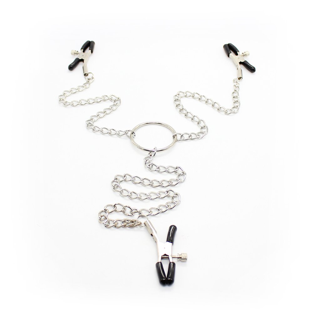 TurvdArorde Adjustable Nipple Clips with Chains 3 Head Nipple Clamps Non-Piercing Metal Body Chain (Silver (o-Ring))