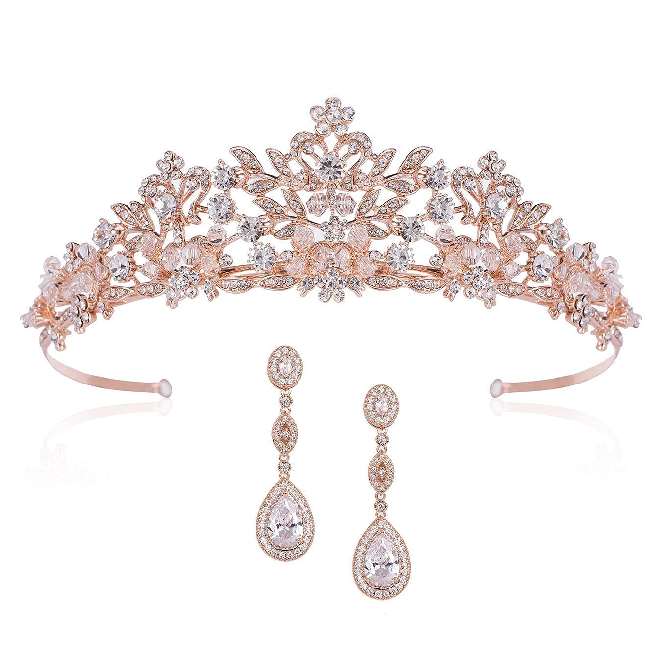 SWEETV Rose Gold Wedding Tiara Earrings Jewelry Set for Women & Girls - Bridal Tiara & Dangle Earrings with Rhinestones