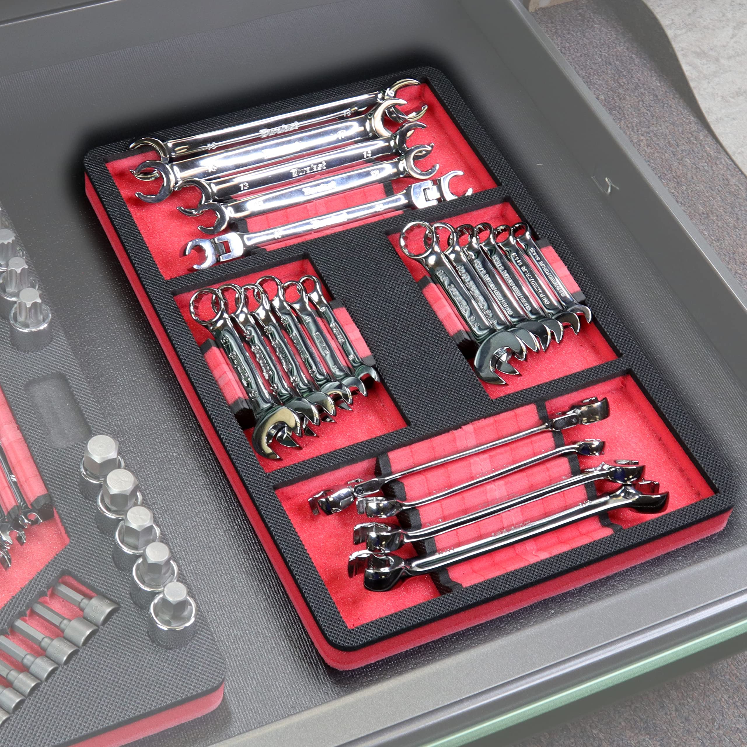 Polar Whale Tool Drawer Organizer Medium Wrench Holder Insert Red and Black Durable Foam Strong Tray 15 x 10 Inches Fits Duralast and Many Others