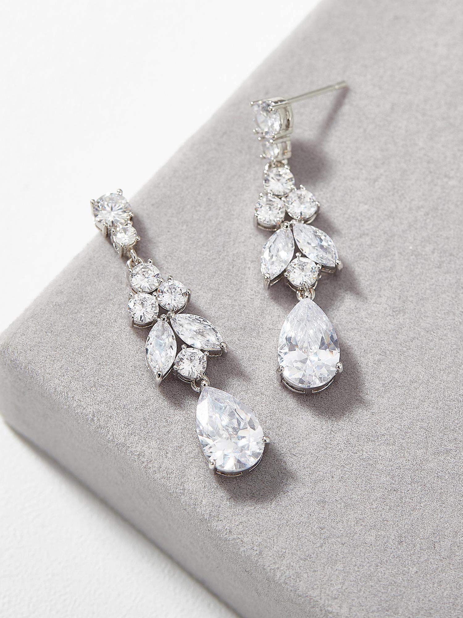 SWEETV Teardrop Wedding Bridal Earrings for Brides, Bridesmaids, Silver Crystal Cubic Zirconia Dangle Drop Earrings for Women Prom Gifts