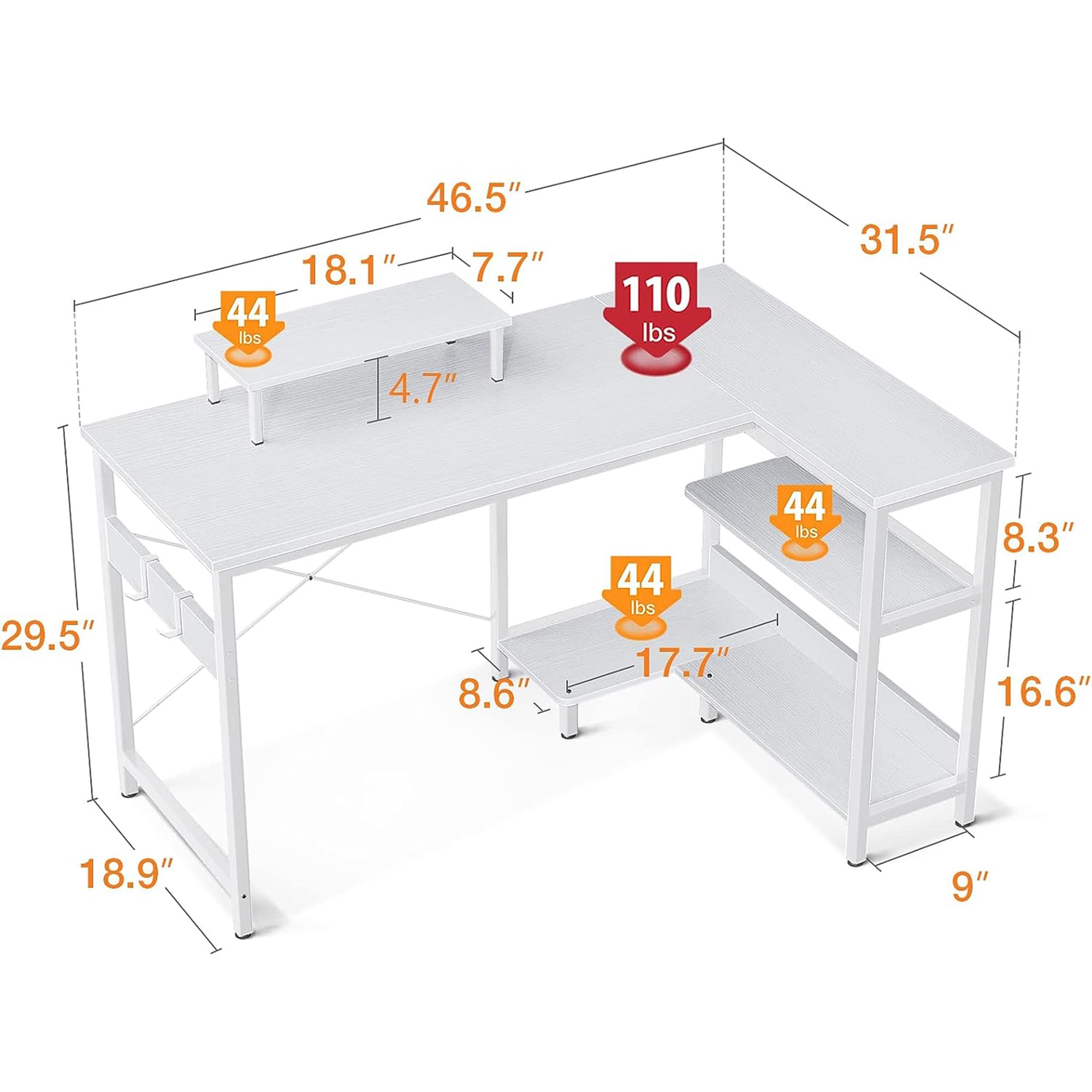 ODK 47 Inch Small L Shaped Computer Desk with Reversible Storage Shelves, L-shaped Corner Desk with Monitor Stand for Small Space, Modern Simple Writing Table for Home Office Workstation, White