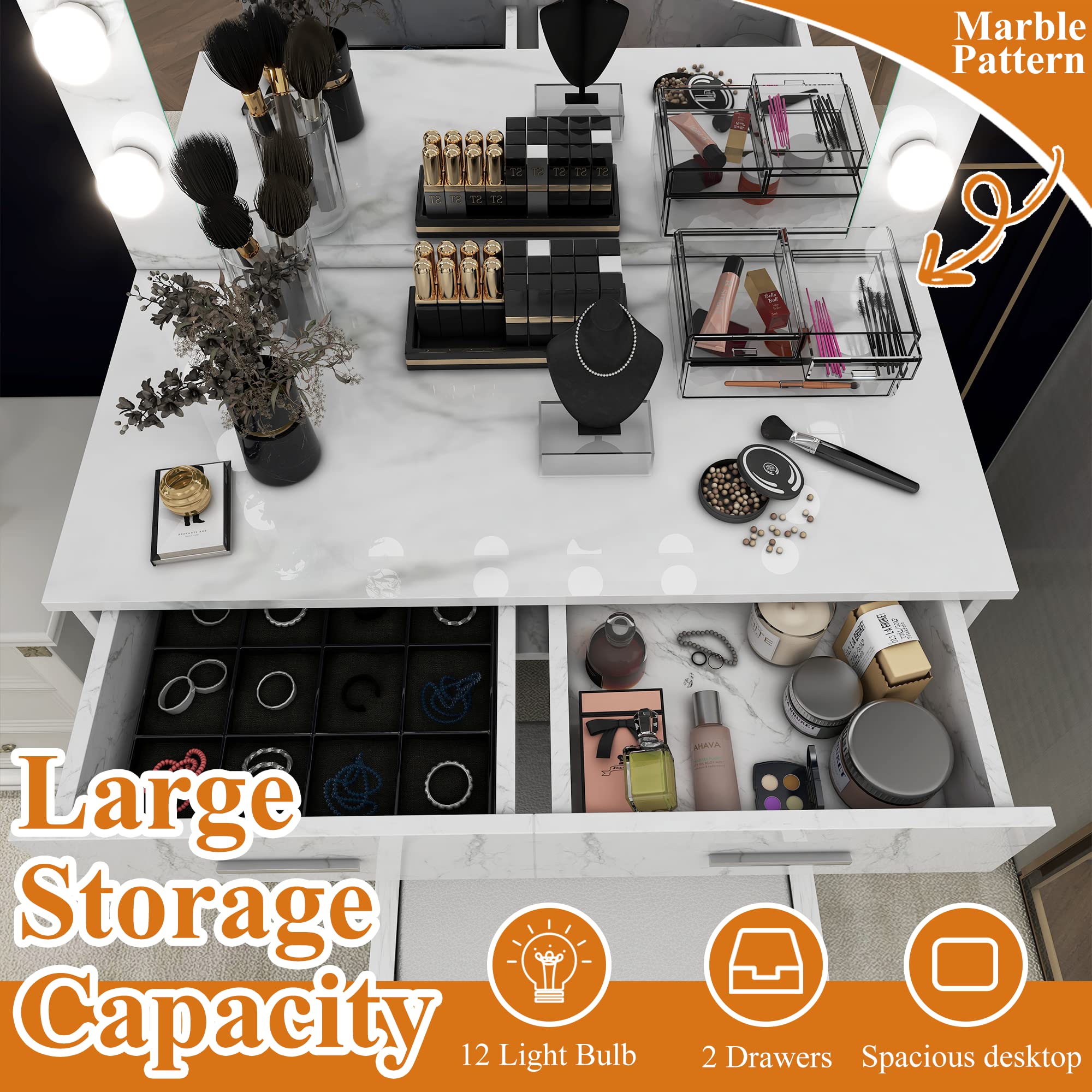 NeuType Makeup Vanity , Desk with Mirror, Lights and Table Set, White 2 Drawers Vanity Set with 12 Light Bulbs, Marble Pattern
