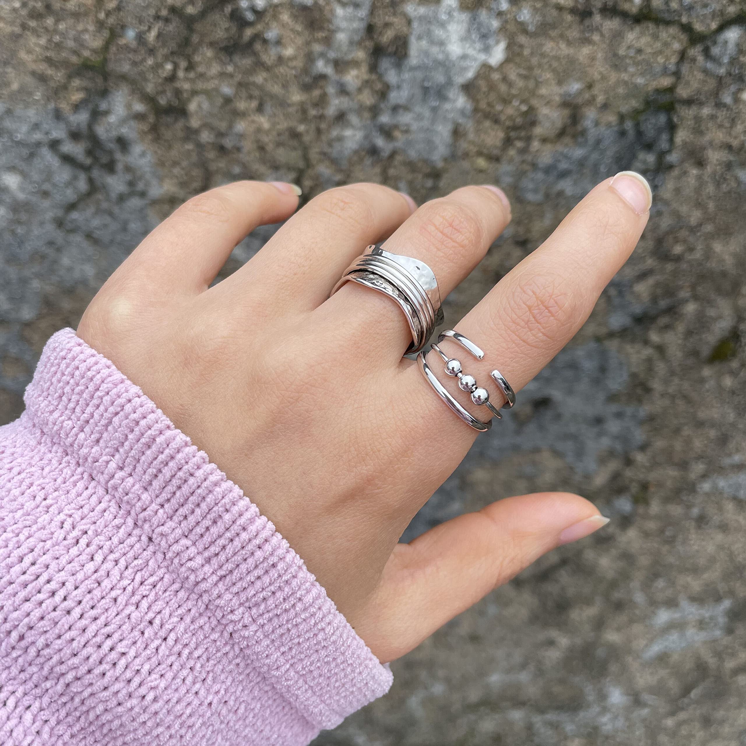 STROLLGIRL Sterling silver Simple spinner ring Fidget band ring spinning meditation anxiety ring (hammered design D, 9)