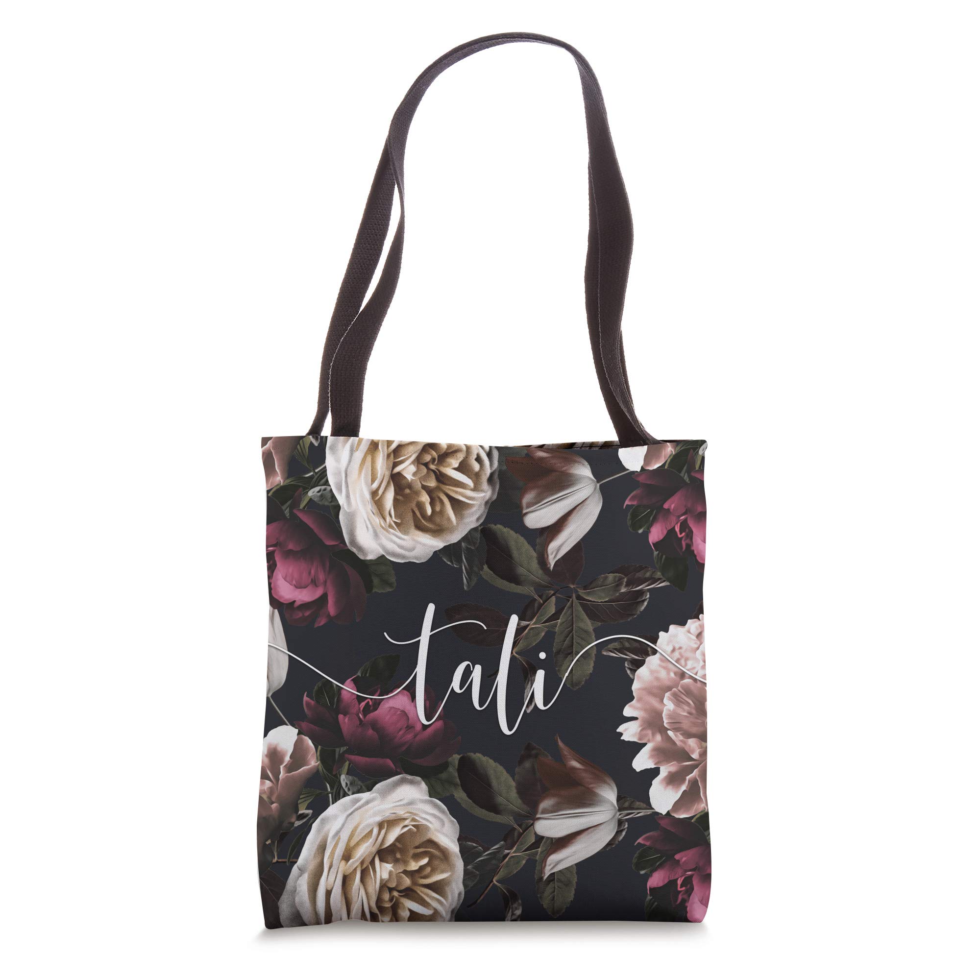 Tali - Elegant Floral Rose & Peony Personalized Name Tote Bag
