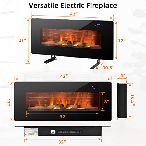Tangkula 42 Inches Electric Fireplace, Freestanding & Wall-Mounted Electric Heater, 1400W Electric Fireplace with Timer, Remote Control, Touch Screen, 7 Flame Colors, Overheating Protection
