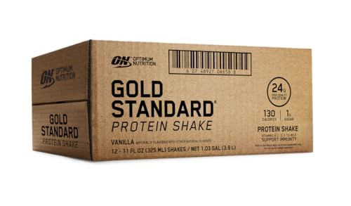 Optimum Nutrition Gold Standard Protein Shake, 24g Protein, Ready to Drink Protein Shake, Gluten Free, Vitamin C for Immune Support, Vanilla, 11 Fl Oz, 12 Count