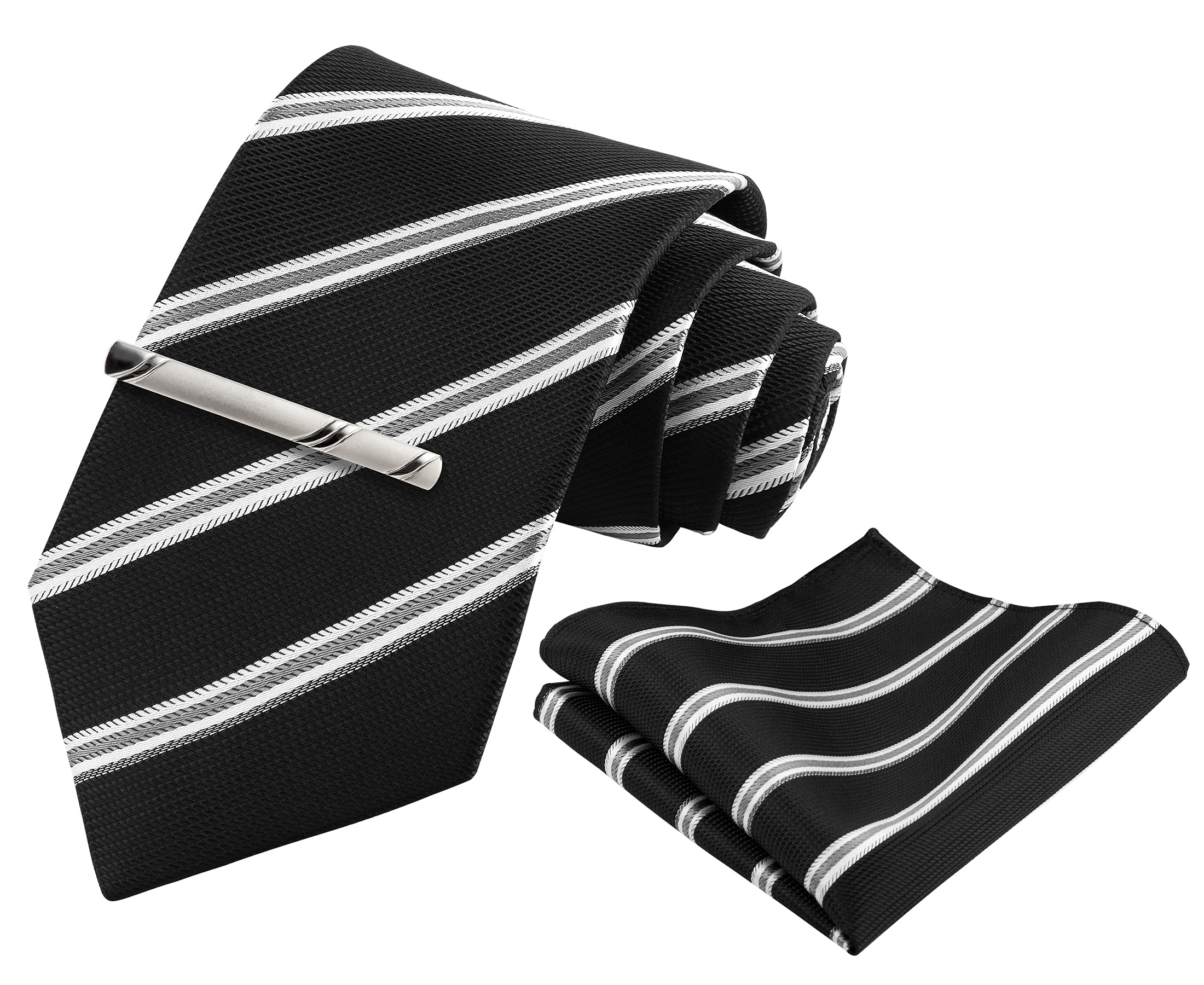 TIE G 4pcs Stripe Plaid Mens Ties Set in Premium Black Gift Box: Woven Necktie and Pocket Square, Cufflinks, Tie Clip for Formal Business Prom Wedding (A2-Black Red Stripe)