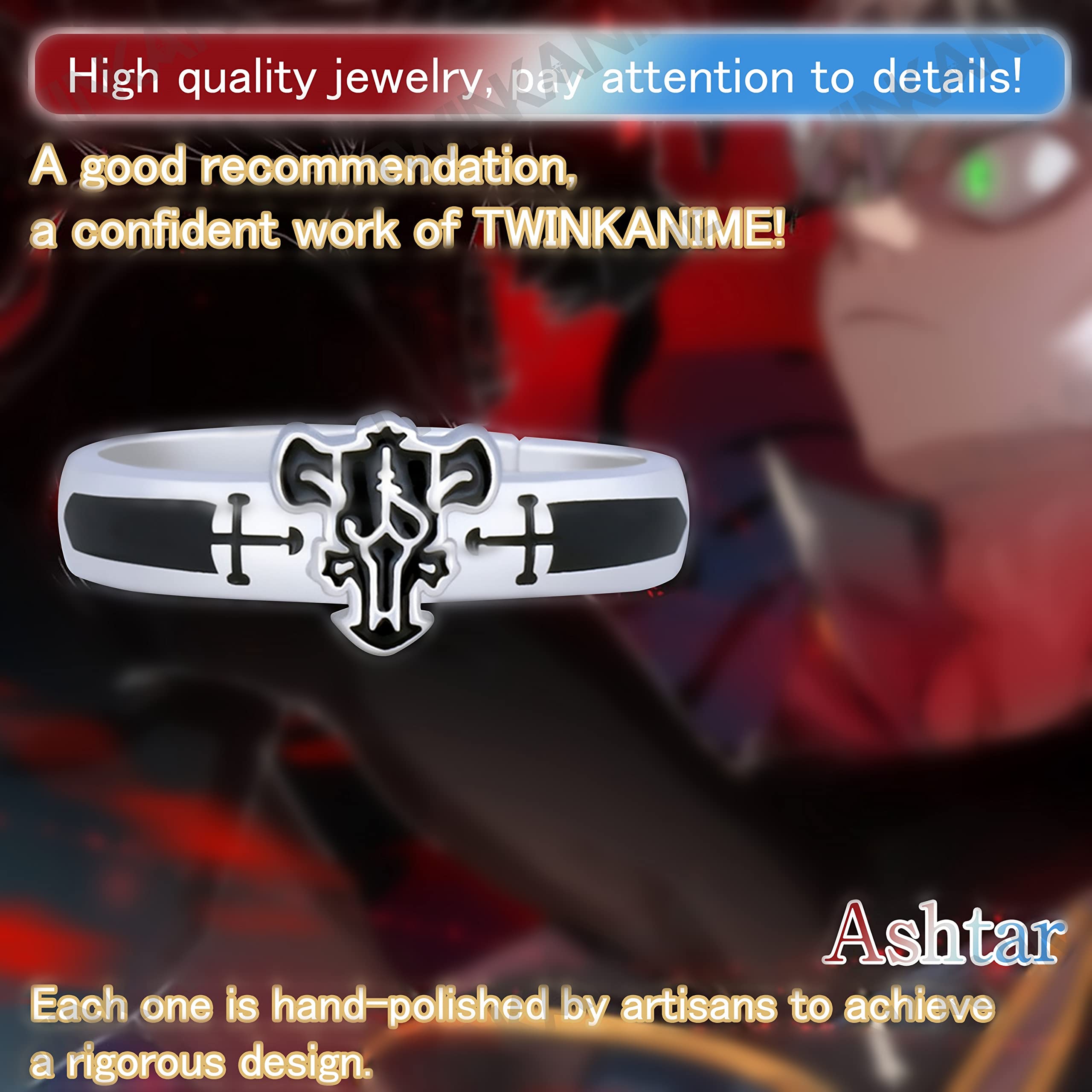 TWINKANIME Clover Anime Black Sword Ashtar Ring Black Open Band High Durability Adjustable Ring