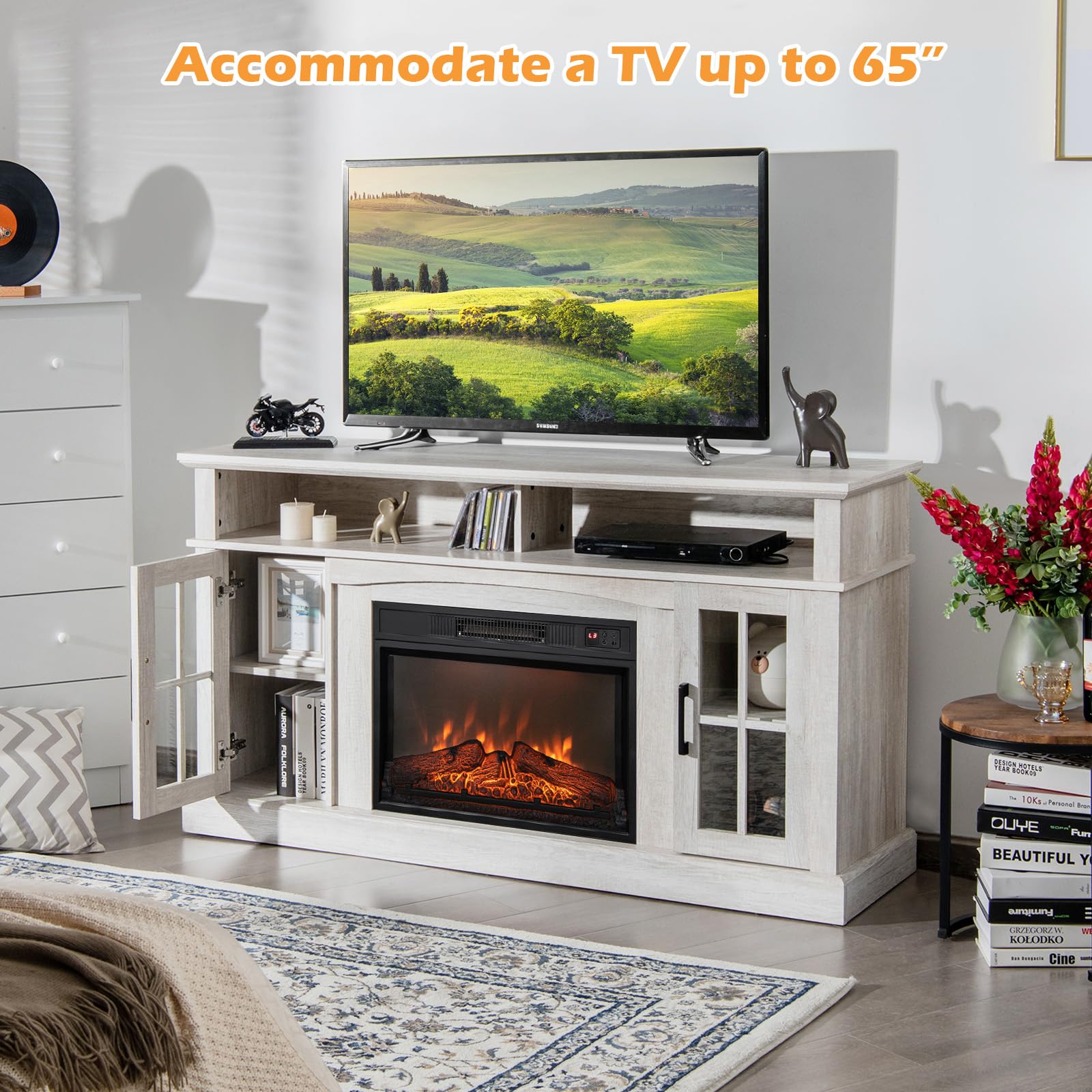 Tangkula Fireplace TV Stand for TVs Up to 65 Inch, Electric Fireplace TV Console w/Remote Control, Overheat Protection, 3-Level Adjustable Brightness, TV Entertainment Center w/23β Fireplace
