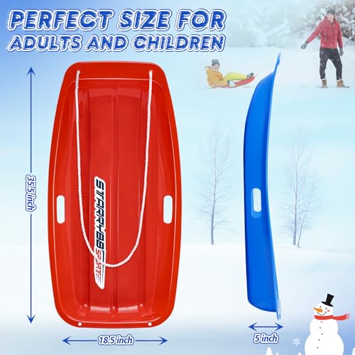 Snow Sled - 2 Pack Classic Sleds for Kids and Adults Flexible Toboggan with Handles Pull Rope Utility Plastic Sled for Winter Ski Sledding Sand Slider Downhill Outdoor - Blue, Red, 36"