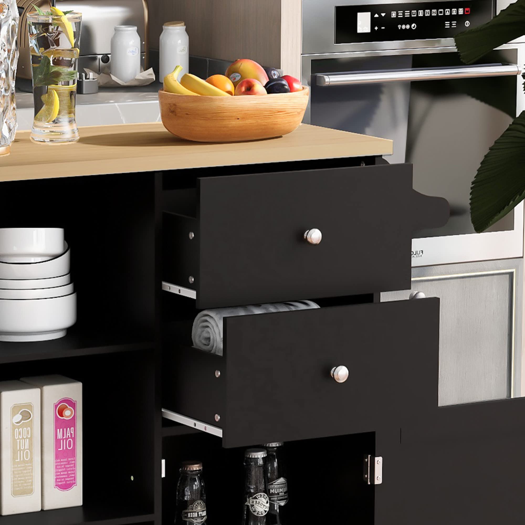 Mobile Kitchen Cart,Sideboard on 4 Wheels with 2 Drawers and 3 Open Shelves,Kitchen Island with Rubber Wood top,Storage Cabinet,Drawer, Spice Rack, Towel Rack, Kitchen Cart for Kitchen (Black)