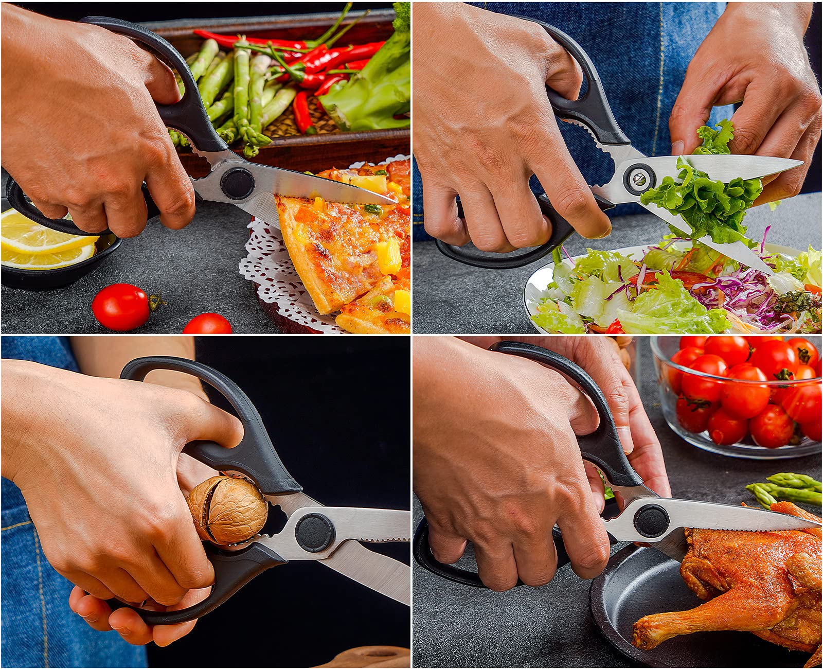 Multifunction Kitchen Scissors 2-Piece Set WELLSTAR, Heavy Duty Food Shears for Chicken Meat Vegetable Fish Herb Poultry Stainless Steel Cooking Scissors with Comfortable Handle Scissors Set (Black)