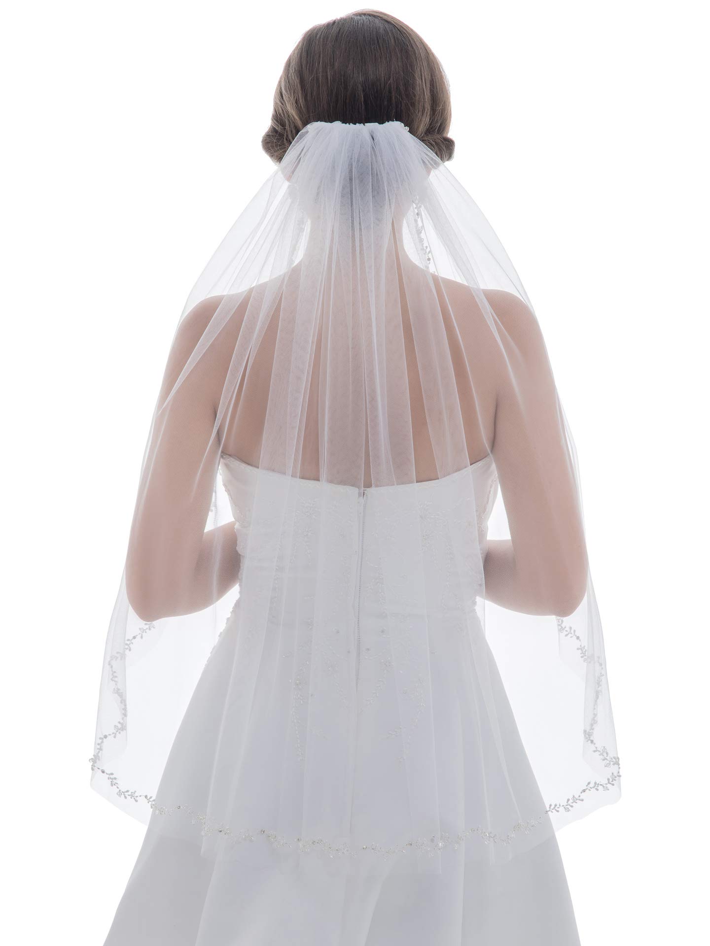 SAMKY 1T 1 Tier Offset Floral Vine Edge Crystal Pearl Veil - Light Ivory Fingertip Length 36" V580