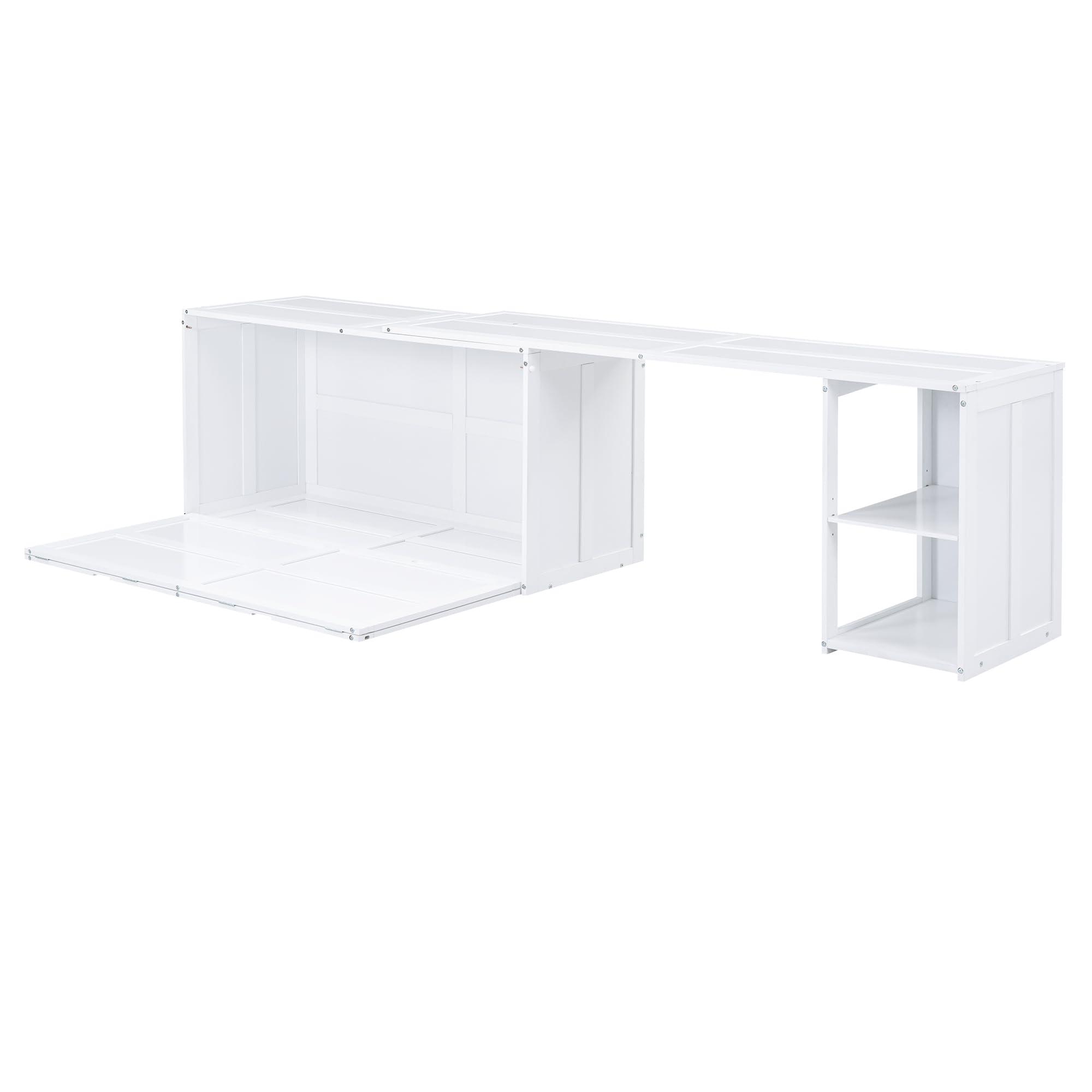 OPTOUGH Queen Size Rotable Desk and Storage Shelves, Cube Cabinet Murphy Wall, Wooden Foldable Floor Bed Frame for Bedroom Living Room Furniture,White