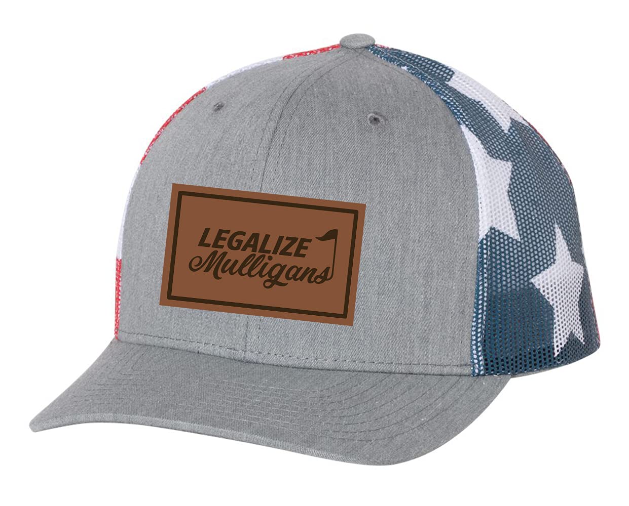 Trenz Shirt Company Men's Golf Legalize Mulligans Golfing Lucky Engraved Leather Patch Mesh Back Trucker Hat, Heather Grey/American Flag Mesh