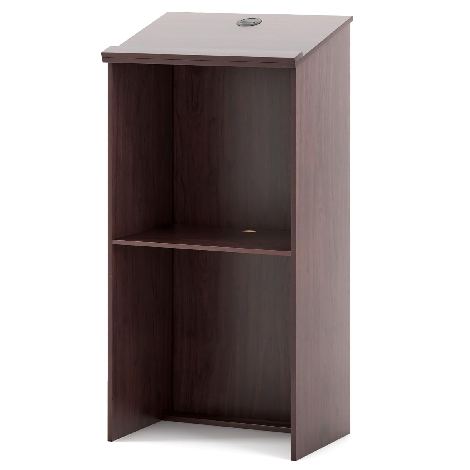 Tangkula Floor Standing Podium, Wooden Speaking Lectern Hostess Stand with 2-Tier Shelves & Dual Cable Holes, Standing Lectern Desk for Meeting Room, School, Churches, Auditorium, Classroom