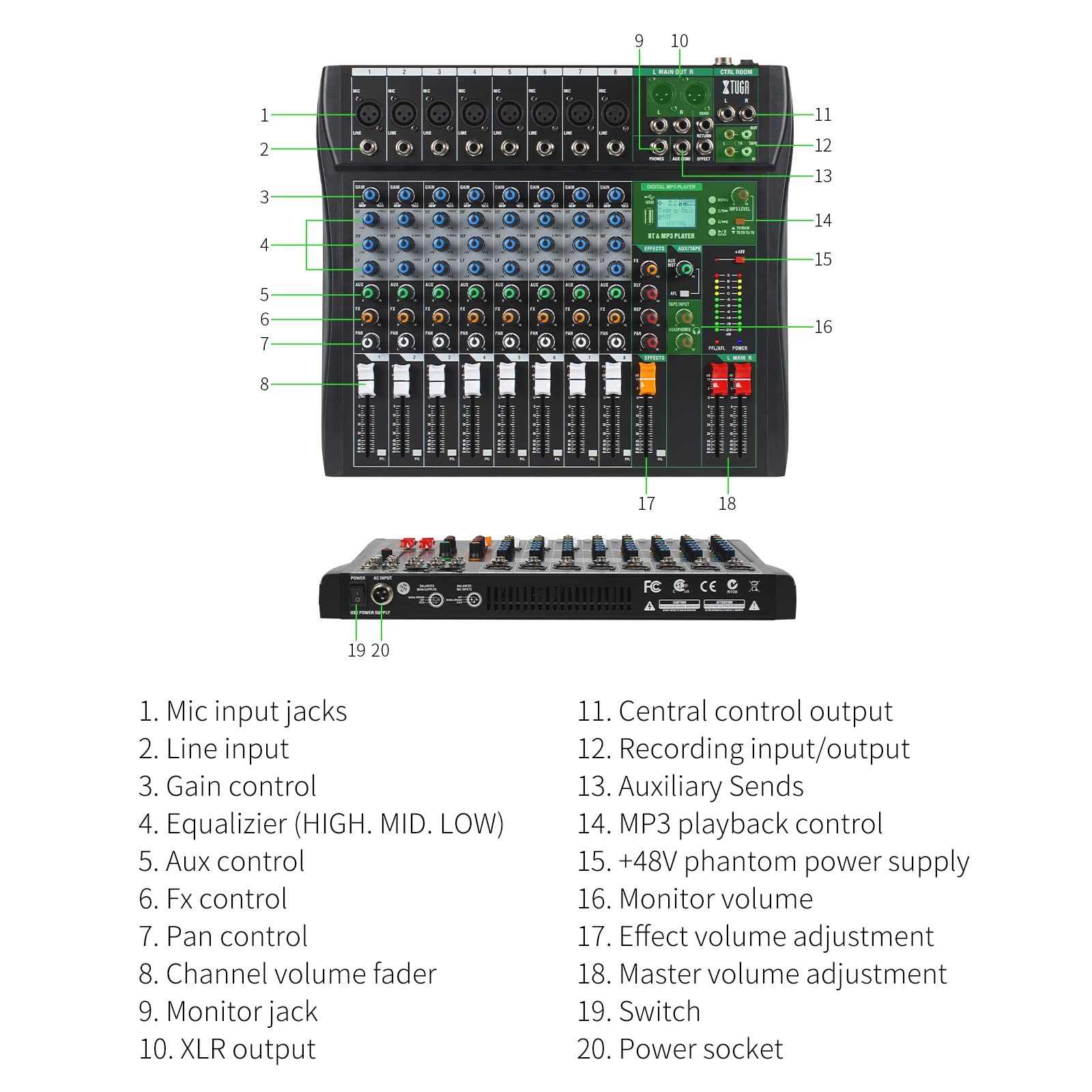 XTUGA CT80 8-Channel Professional Audio Mixer for Computer Recording Sound Controller Interface Built-in Digital Effect Studio Mixer with 48V Phantom Power,RCA Input/Output,MP3,Bluetooth,EQ