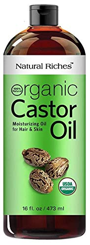 Natural Riches Organic Castor Oil Cold pressed USDA certified for Dry Skin Hair Loss Dandruff Thicker Hair - Moisturizes Skin Helps Hair growth Thicker Eyelashes Eyebrows Hexane free16 fl. oz.