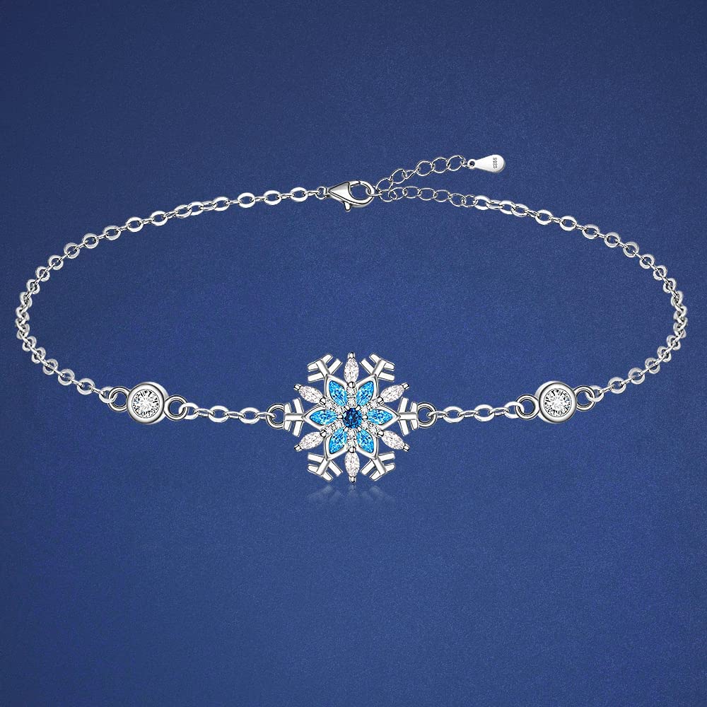 Snowflake Bracelet Adjustable Sterling Silver Chain Christmas Charm Bracelets for Women Blue Topaz Flower Holiday Jewelry
