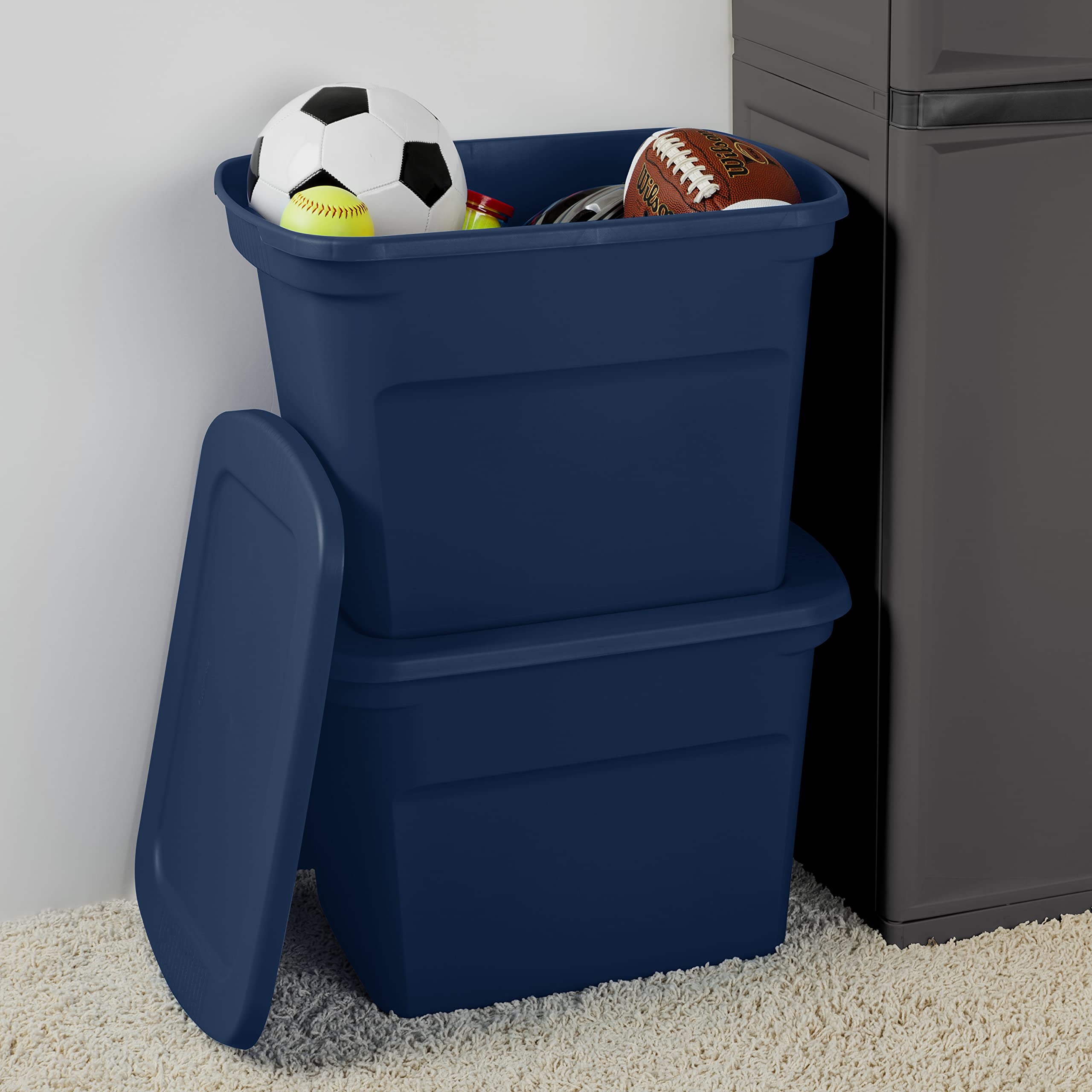 Sterilite 18 Gal Storage Tote, Stackable Bin with Lid, Plastic Container to Organize Clothes in Closet, Basement, Blue Base and Lid, 8-Pack
