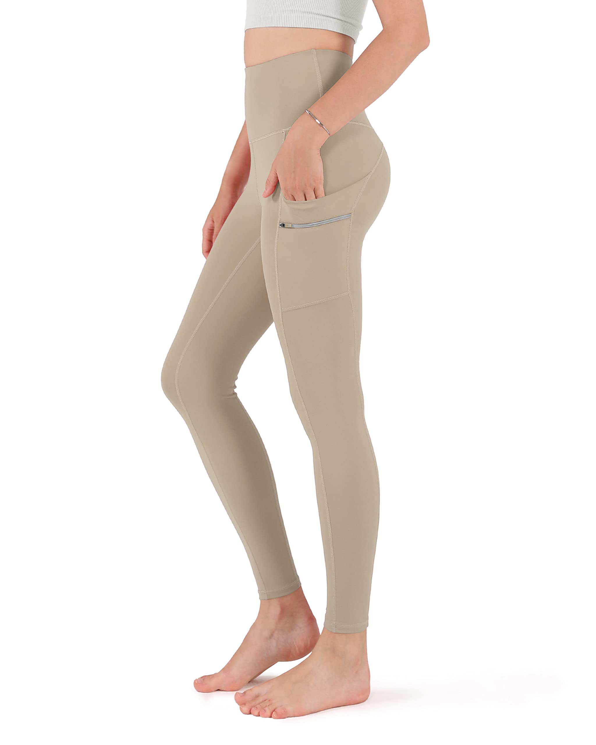 ODODOS Women's High Waisted Full-Length Dual Pockets Workout Leggings, Yoga Running Gym Athletic Leggings, Dark Beige, X-Large