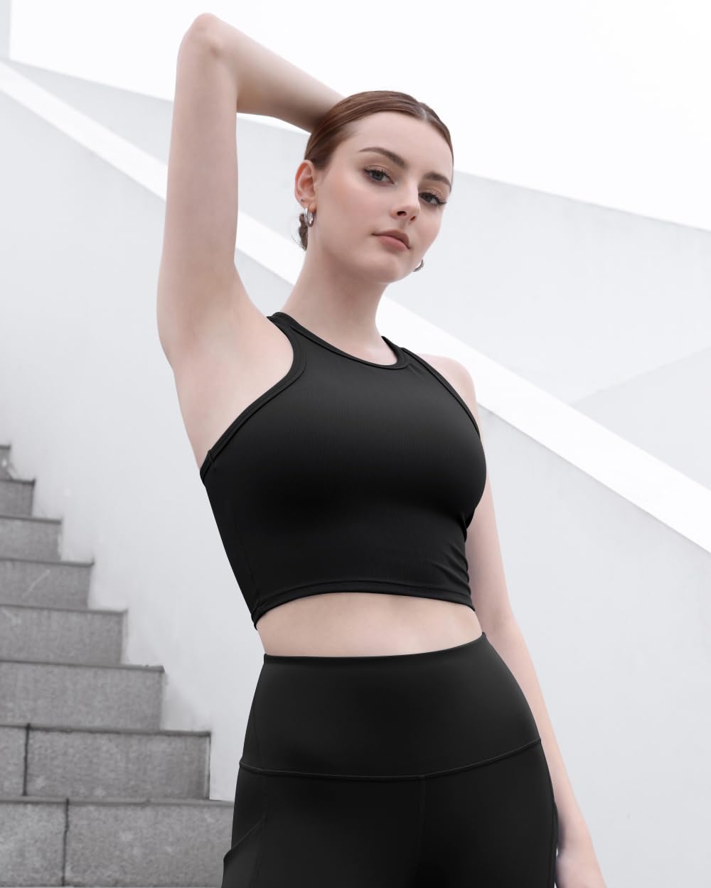 ODODOS Women's Crop 2-Pack Racerback High Neck Ribbed Cropped Tank Tops, Black+Black, Medium