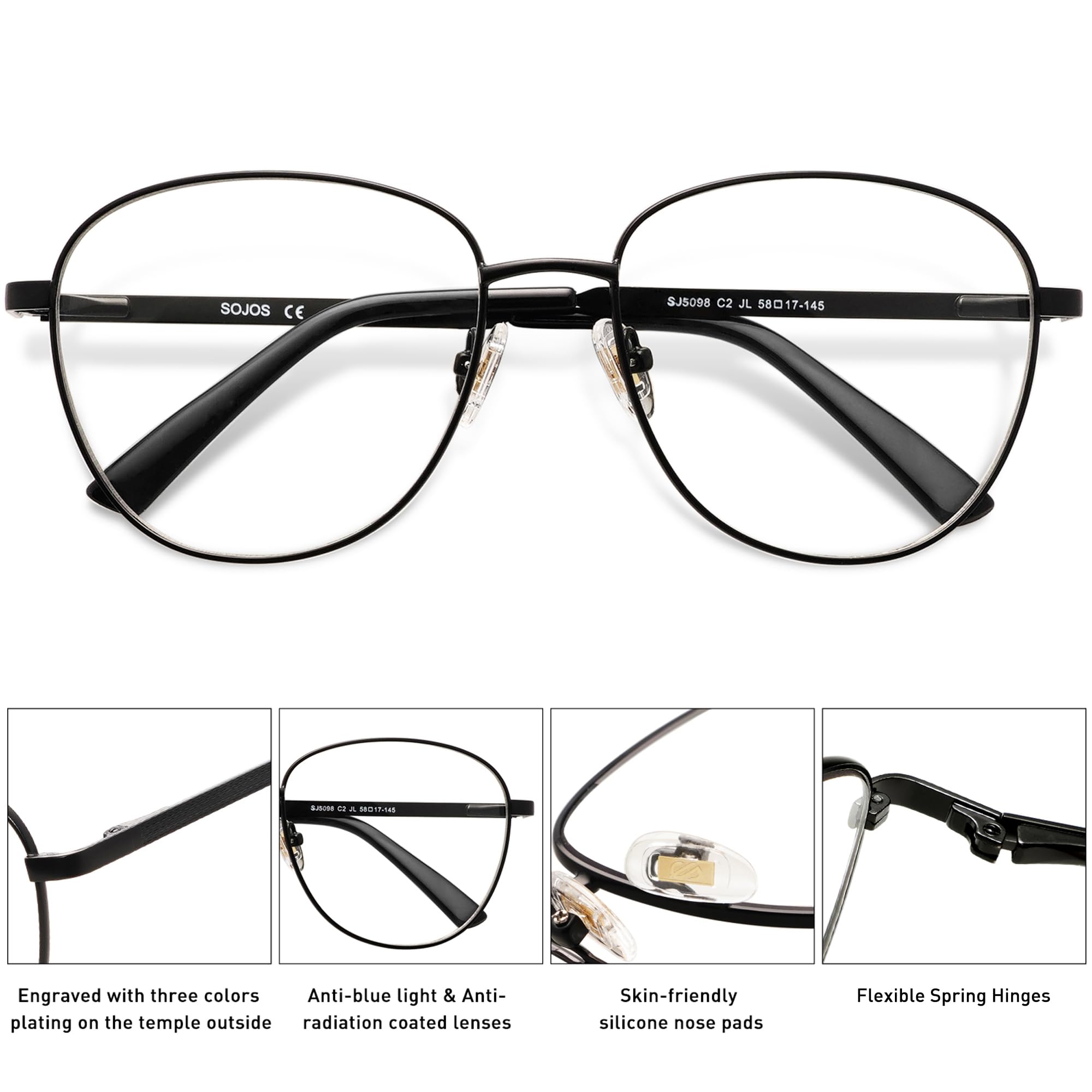 SOJOS Oversized Aviator Blue Light Blocking Glasses for Women Men, Metal Frame Clear Lens Eyeglasses SJ5098, Matte Black Frame/Anti-Blue Light Lens