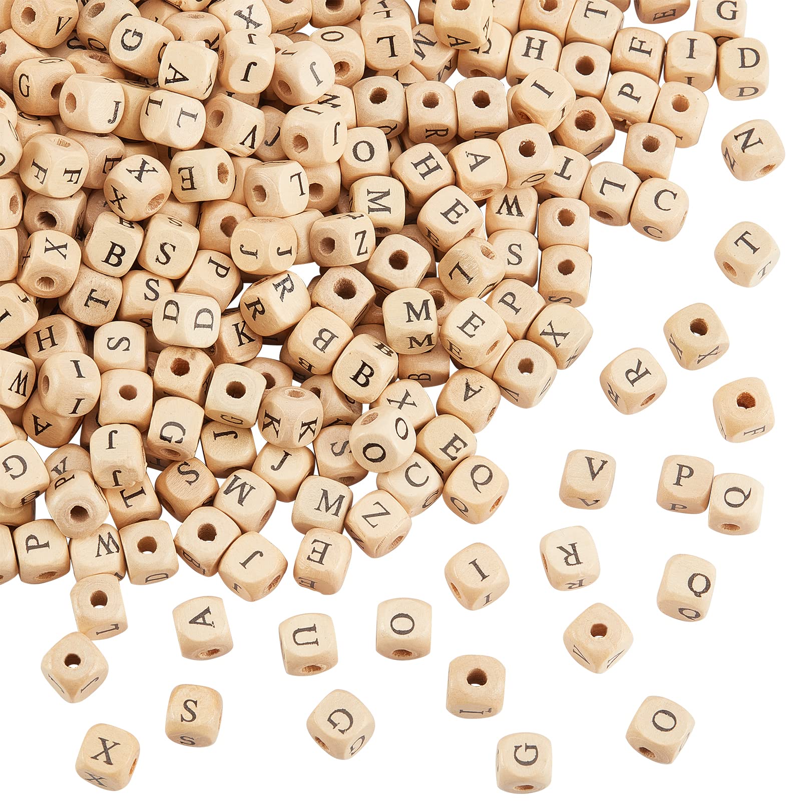 PH PandaHall 1060pcs 10mm Alphabet Wooden Beads Random Natural Square Wooden Beads 3~4mm Hole Wooden Loose Beads with Initial Letter Cube Beads Letter Beads for Jewelry Making and DIY Projects