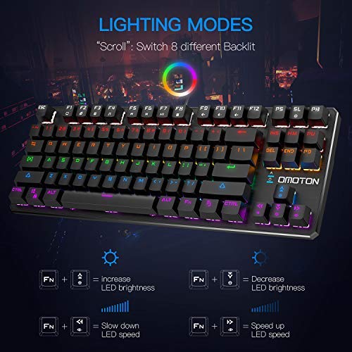 OMOTON Mechanical Gaming Keyboard, Blue Switch Rainbow Backlit Wired Keyboard, 87-Key Anti-Ghosting Tenkeyless Keyboard for PC, Desktop, Gamer Computer, Black