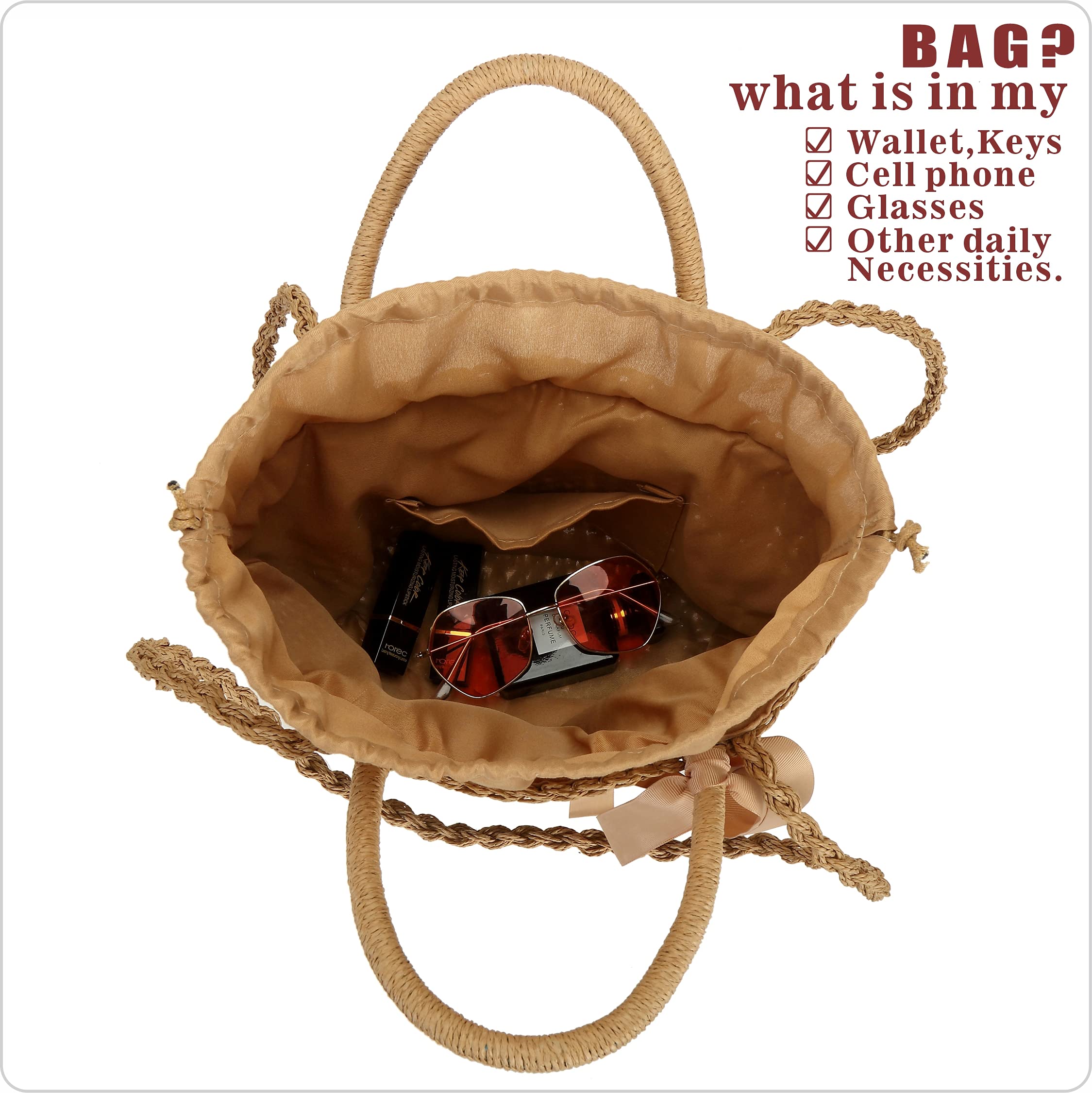 So'each Women's Handbag Small Color Matching Bow Wicker Woven Rattan Straw Tote Shoulder Bag Khaki