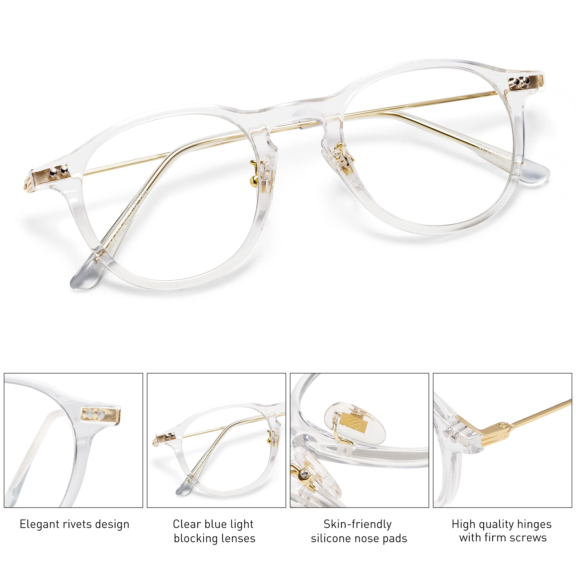 SOJOS Retro Round Blue Light Blocking Computer Glasses for Men Women Anti Blue Ray Clear Lens Glasses SJ5119 with Crystal Frame